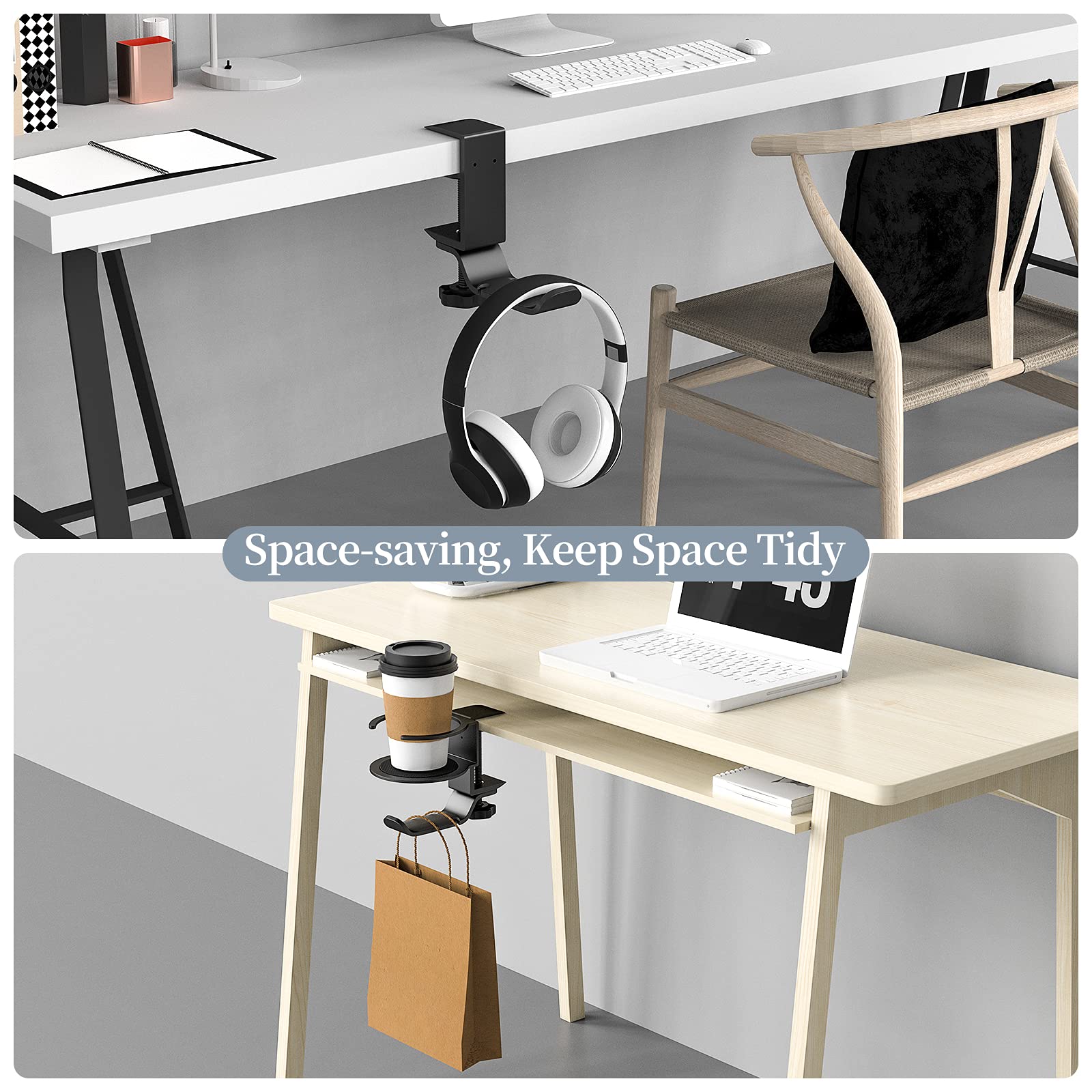 MoKo Headset Hanger with Cup Holder, Universal 2 in 1 Headphone Stand Adjustable 360° Rotate Aluminum Earphone Hook Mount Fit All Headphone Size Sennheiser, Audio-Technica, PS5 Gaming Headphone, Black