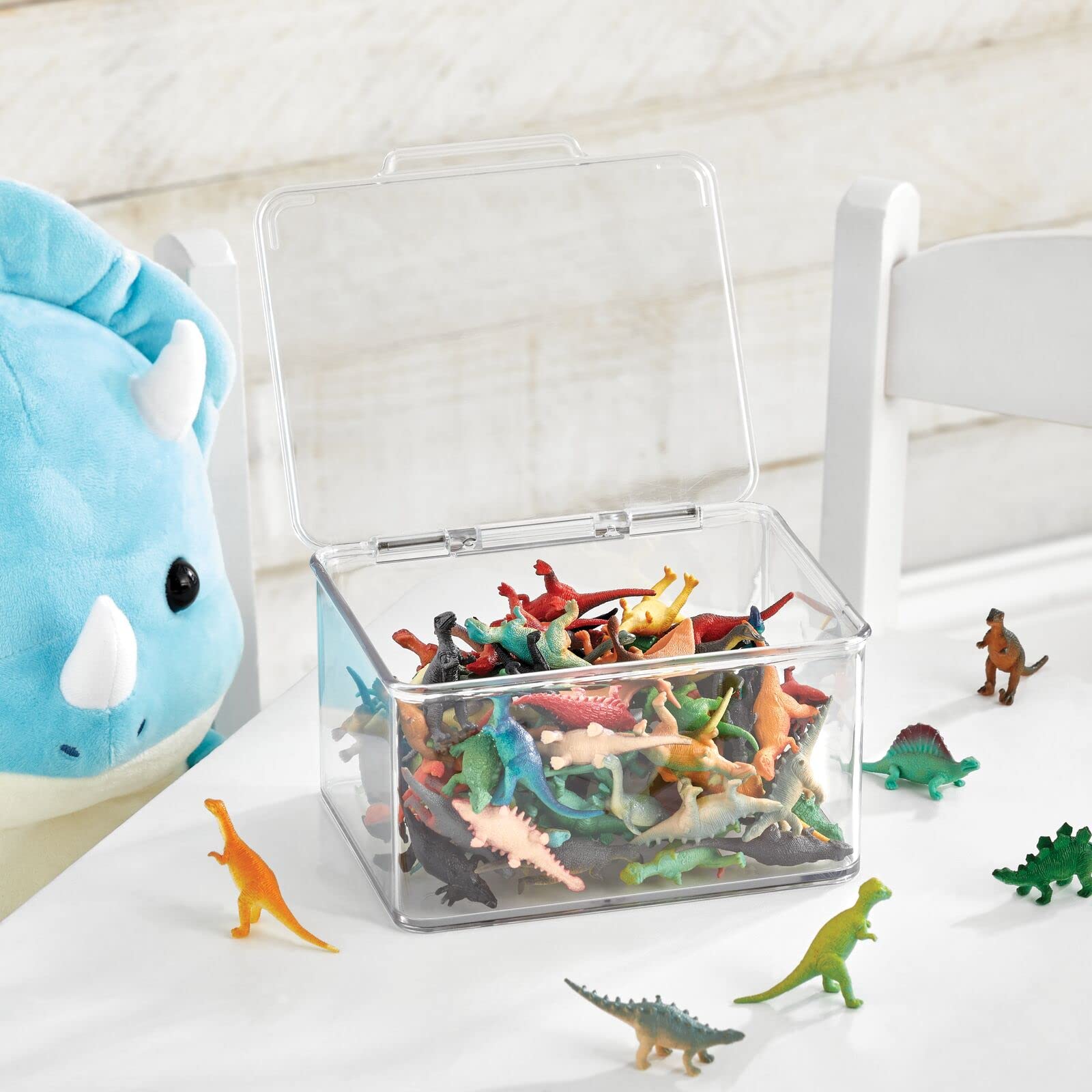 mDesign Plastic Stackable Storage Organizer Toy Box with Hinged Lid for Action Figures, Crayons, Markers, Building Blocks, Puzzles, Craft or School Supplies - Includes 32 Labels - Clear