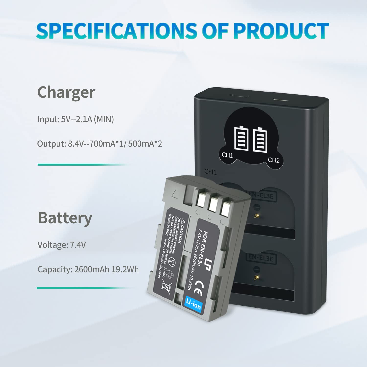 LP EN-EL3e Battery 2-Pack Dual USB Charger with Display for Nikon EN EL3e, EL3, EL3a, MH-18, MH-18a, MH-19, Compatible with Nikon D700, D300s, D300, D200, D100, D90, D80, D70s, D70, D50 & More