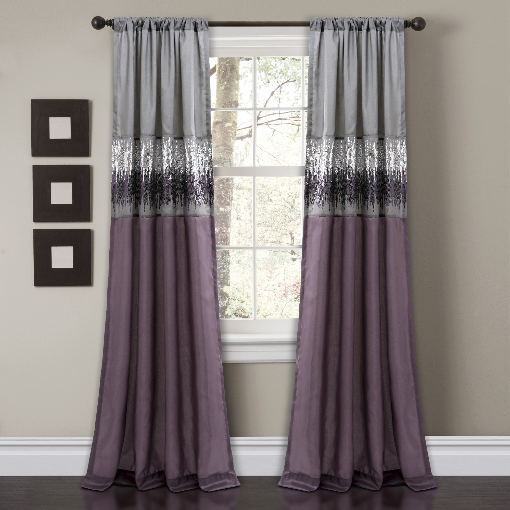 Lush Decor Night Sky Window Curtain Panel, Single, 42" W x 108" L, Purple & Gray - Sequin Curtains - Sparkle & Color Block Design - Modern Glam Decor - Extra Long Curtains For Bedroom & Living Room