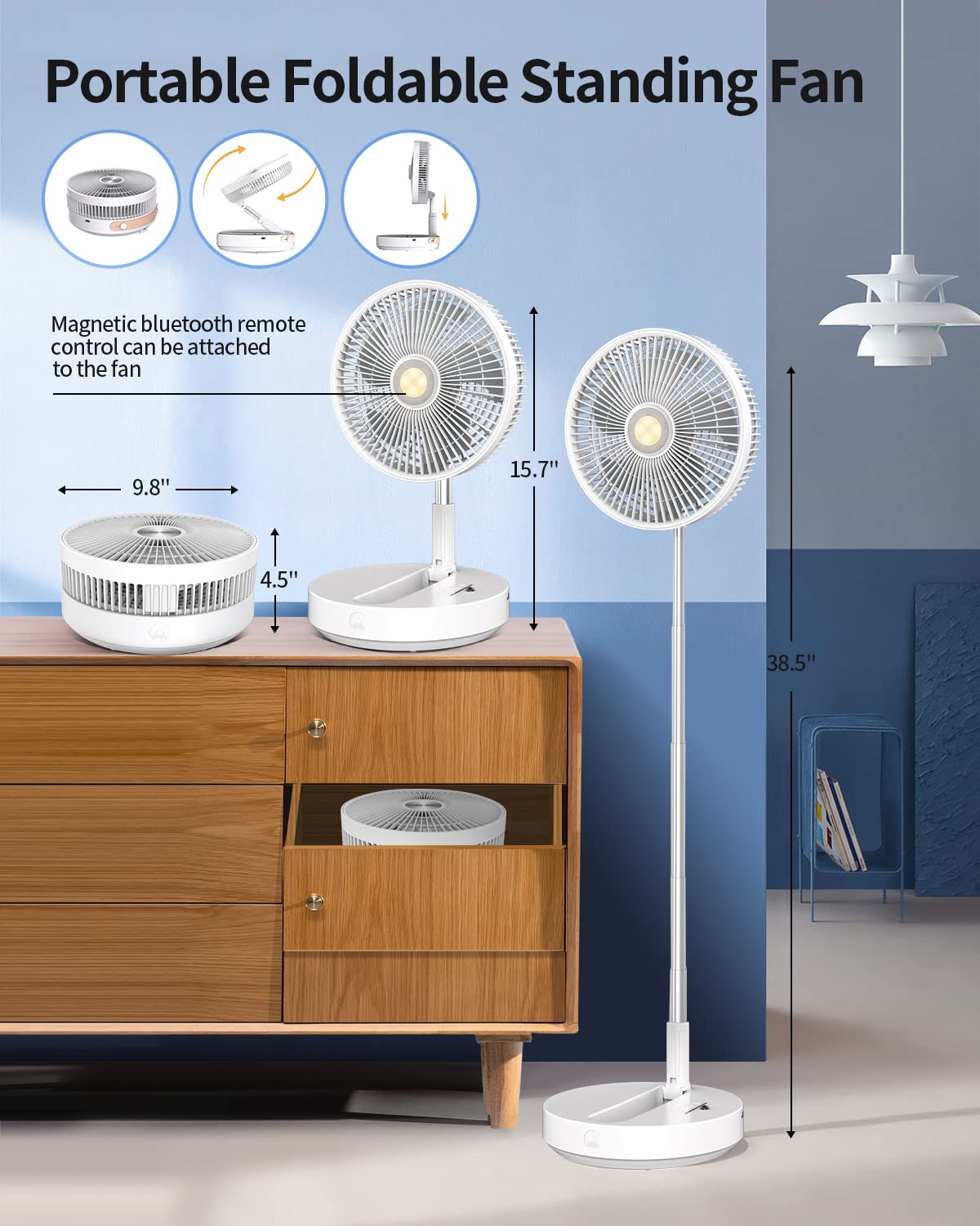 Portable Oscillating Standing Fan with Remote Controller, 4 Speed 8" Foldable Desk Fan, 7200mAh Rechargeable Battery Powered Pedestal Fan for Camping, Adjustable Height Great for Office Home Outdoor
