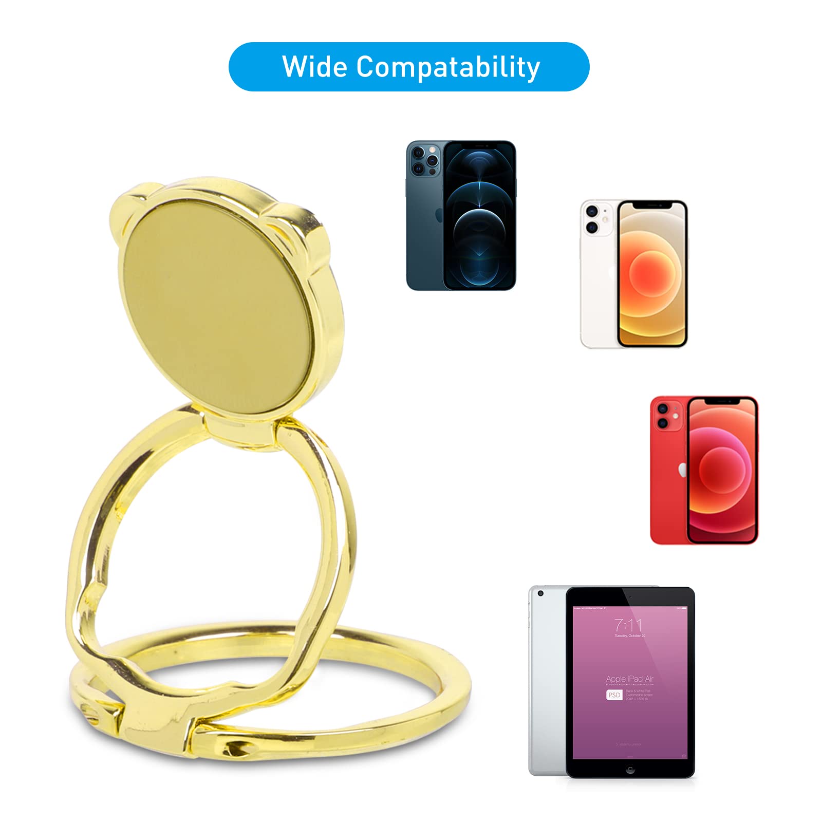 NICEASY Cell Phone Ring Holder Finger Kickstand, 360°Rotation Phone Grip Foldable Work with Magnetic Car Mount Compatible with iPhone iPad Smartphones Tablets (2 Pack,Golden)