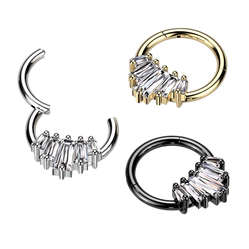 Pierced Owl 16GA 316L Stainless Steel 5 CZ Crystal Baguette Fan Hinged Segment Ring (Gold Tone)