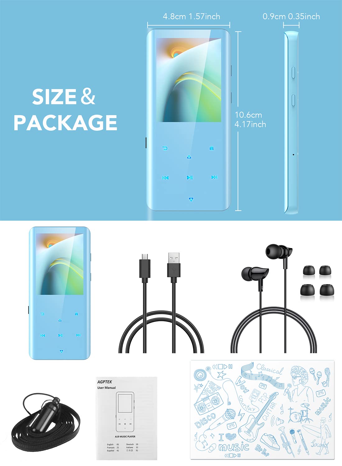 MP3 Player with Bluetooth 5.3, AGPTEK A19X 2.4" Curved Screen Portable Music Player with Speaker Lossless Sound with FM Radio, Voice Recorder, Built in 32GB, Supports up to 128GB, Blue