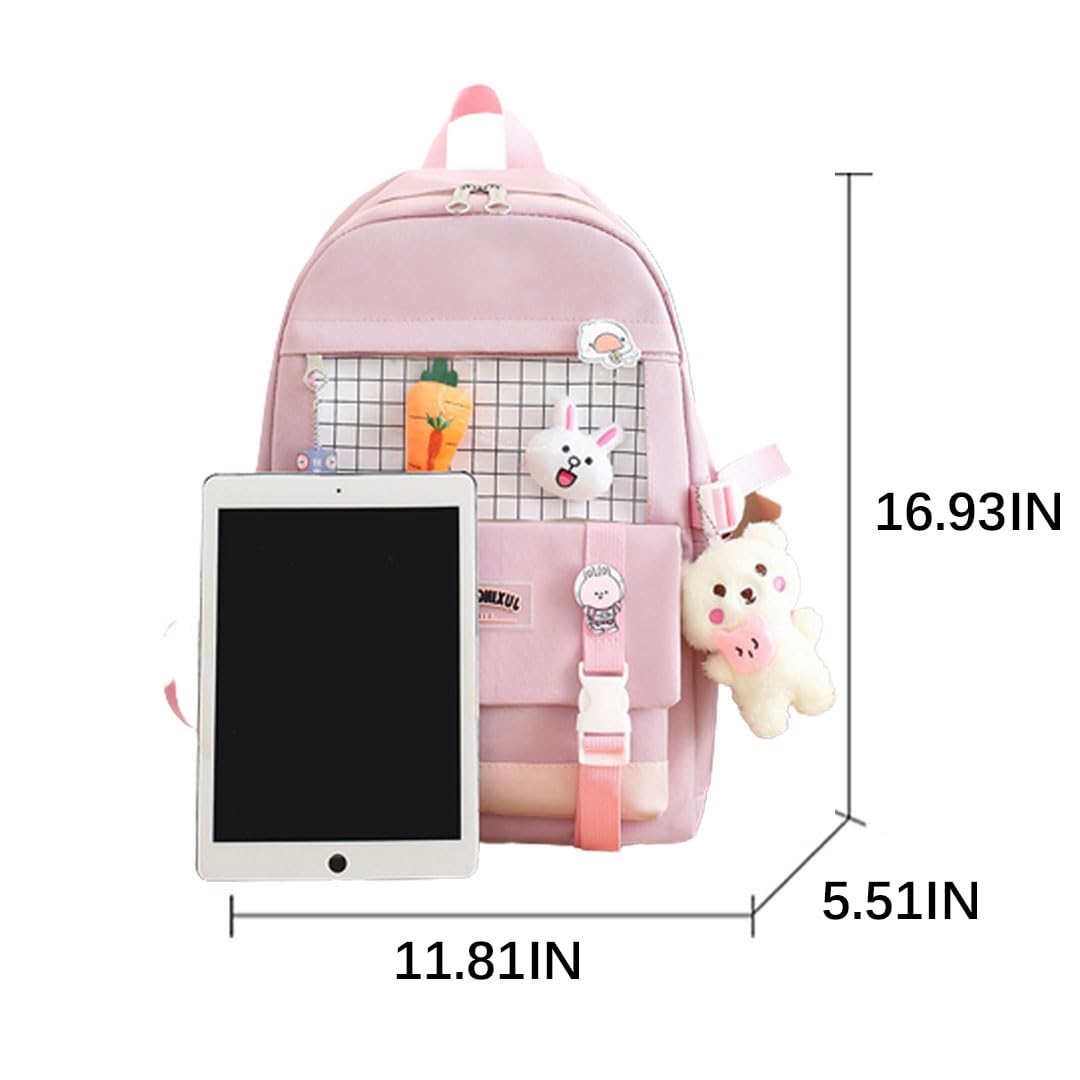 josfey 4Pcs Kawaii Backpack Cute Backpack Aesthetic Backpack Preppy Backpack SetKawaii School Supplies with Accessories (Pink)…
