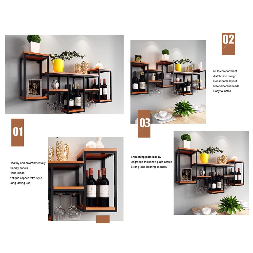 TAUODUYY Wall Mounted Wine Rack, Iron Bracket + Wooden Board Laminate Wall Shelf, with Cup Holder Living Room Backdrop Decorative Hanging Cabinet, Simple Display Shelf ( Color : C )