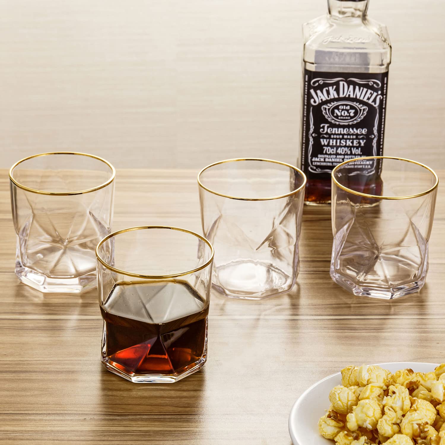 MyGift Set of 4 Clear Glass Old Fashioned Whiskey Tumblers with Prismatic Geometric Shape Design and Gold Rim - 11 oz