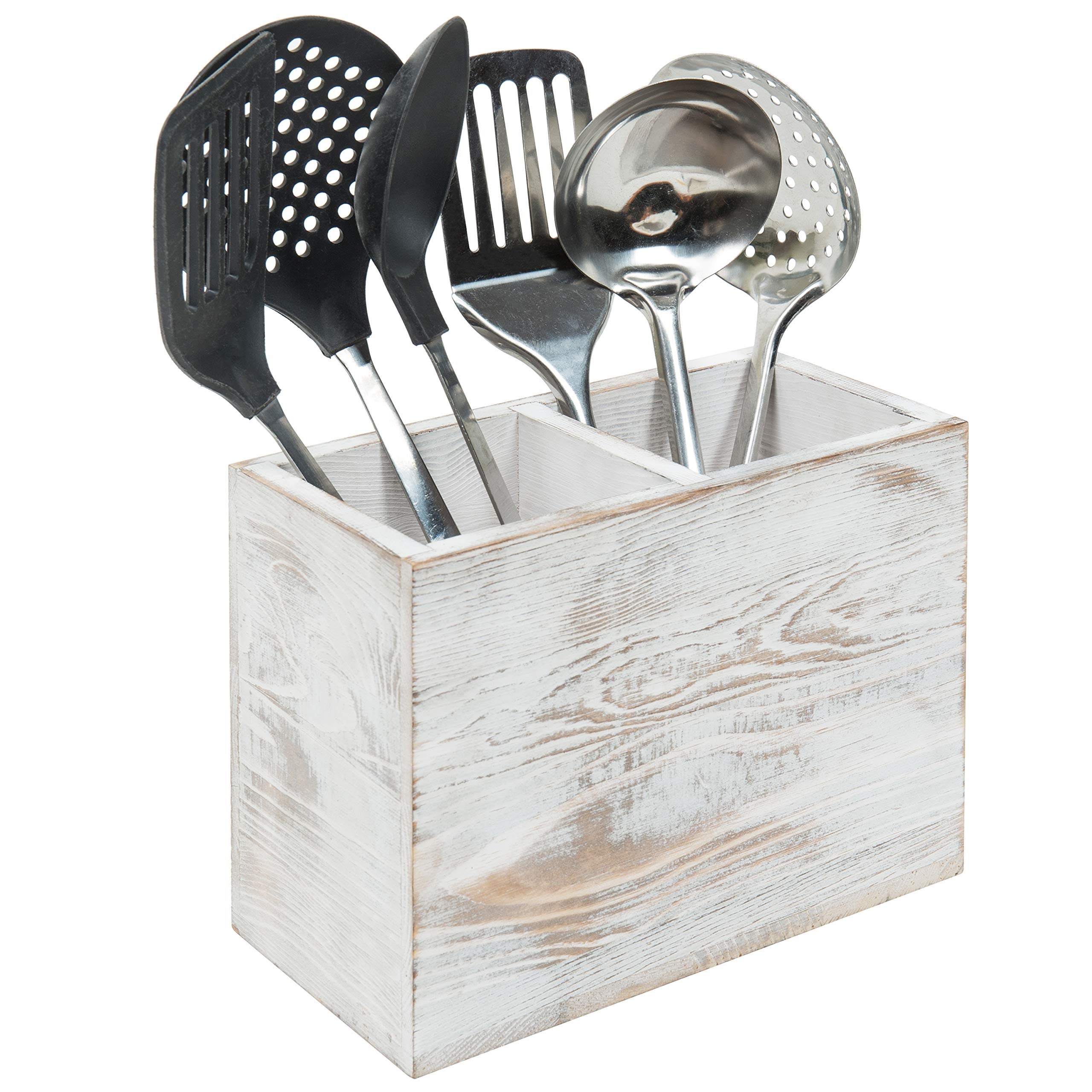 MyGift Whitewashed Wood Kitchen Utensil Holder Organizer, Countertop Flatware Silverware Cooking Utensil Crock Storage Caddy with 2 Compartments