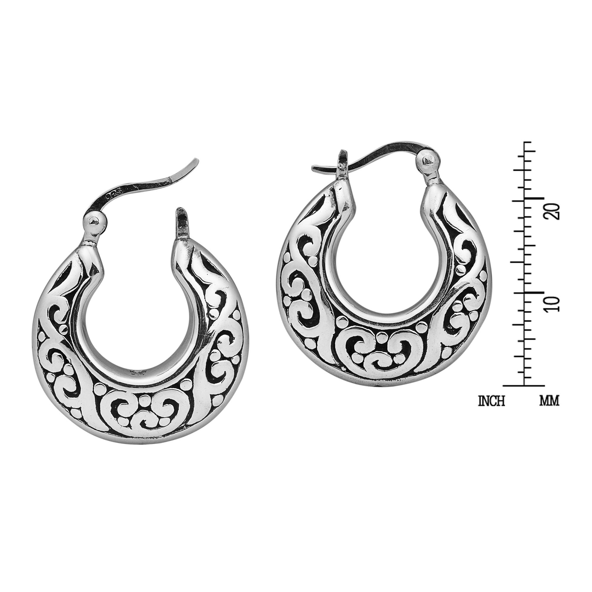 Intricate Ornate Basket Shaped V-Lock .925 Sterling Silver Hoop Earrings