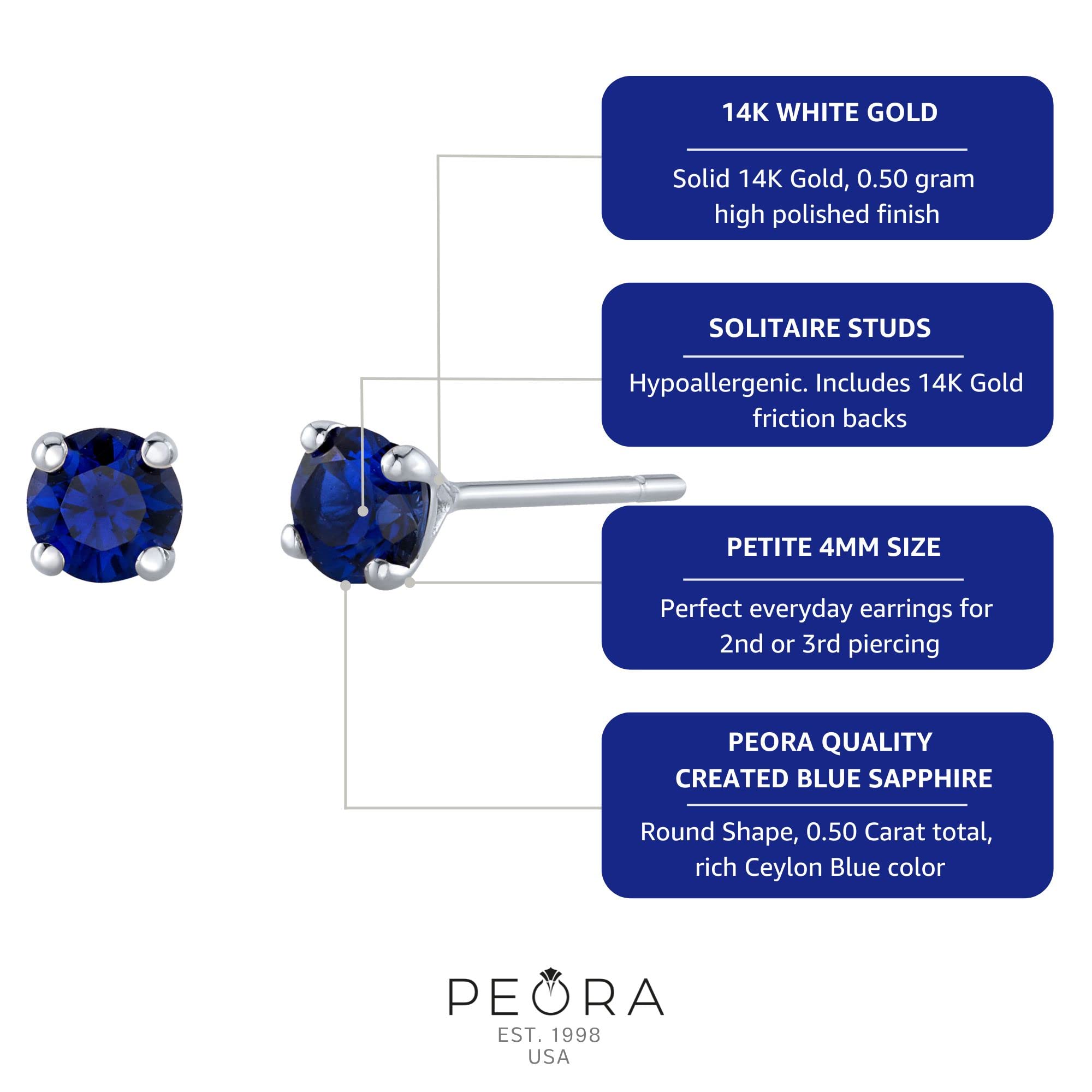 Peora Solid 14K White Gold 4mm Round Created Blue Sapphire Solitaire Stud Earrings for Women, Hypoallergenic 0.50 Carat total AAA Grade, September Birthstone, Friction Backs, Blue Earrings for Women