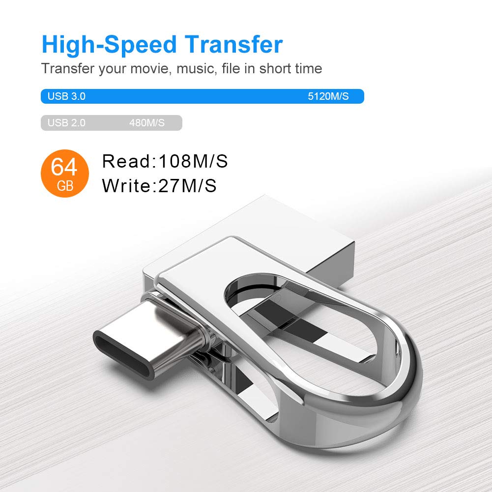 JUANWE 64GB USB Type C Flash Drive 2-in-1OTG Dual Drive USB 3.0 Type C Memory Stick USB C Flash Drive Pen Drive High Speed Waterproof Thumb Drive, Silver
