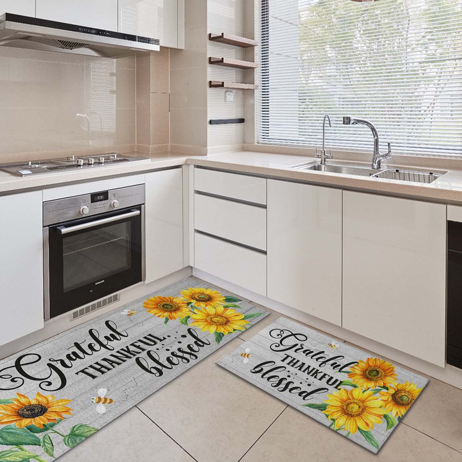 PRUKIVRA Kitchen Rugs and Mats,Non Skid Washable,Sunflower on Light Wood,Set of 2,Anti-Fatigue Comfort Standing Mat for Floor, Office, Sink, Laundry(17"x52"+17"x26")