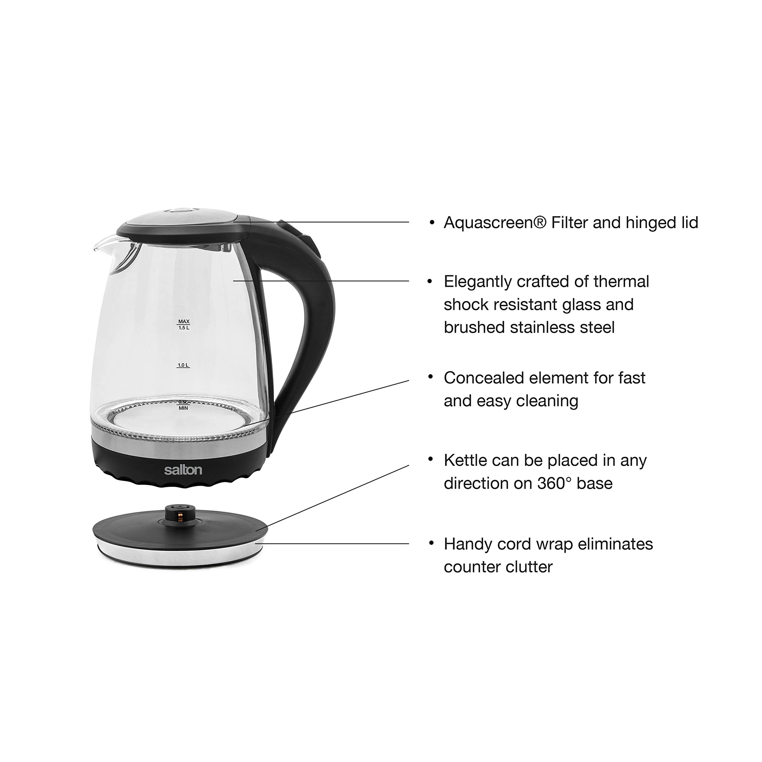 Salton Cordless Electric Compact Glass Kettle, Water Boiler and Tea Heater, Soft Blue Illumination, 1.5 Liter/Quart with Automatic Shut-Off and Boil-Dry Protection, 1100 Watts (GK1831)