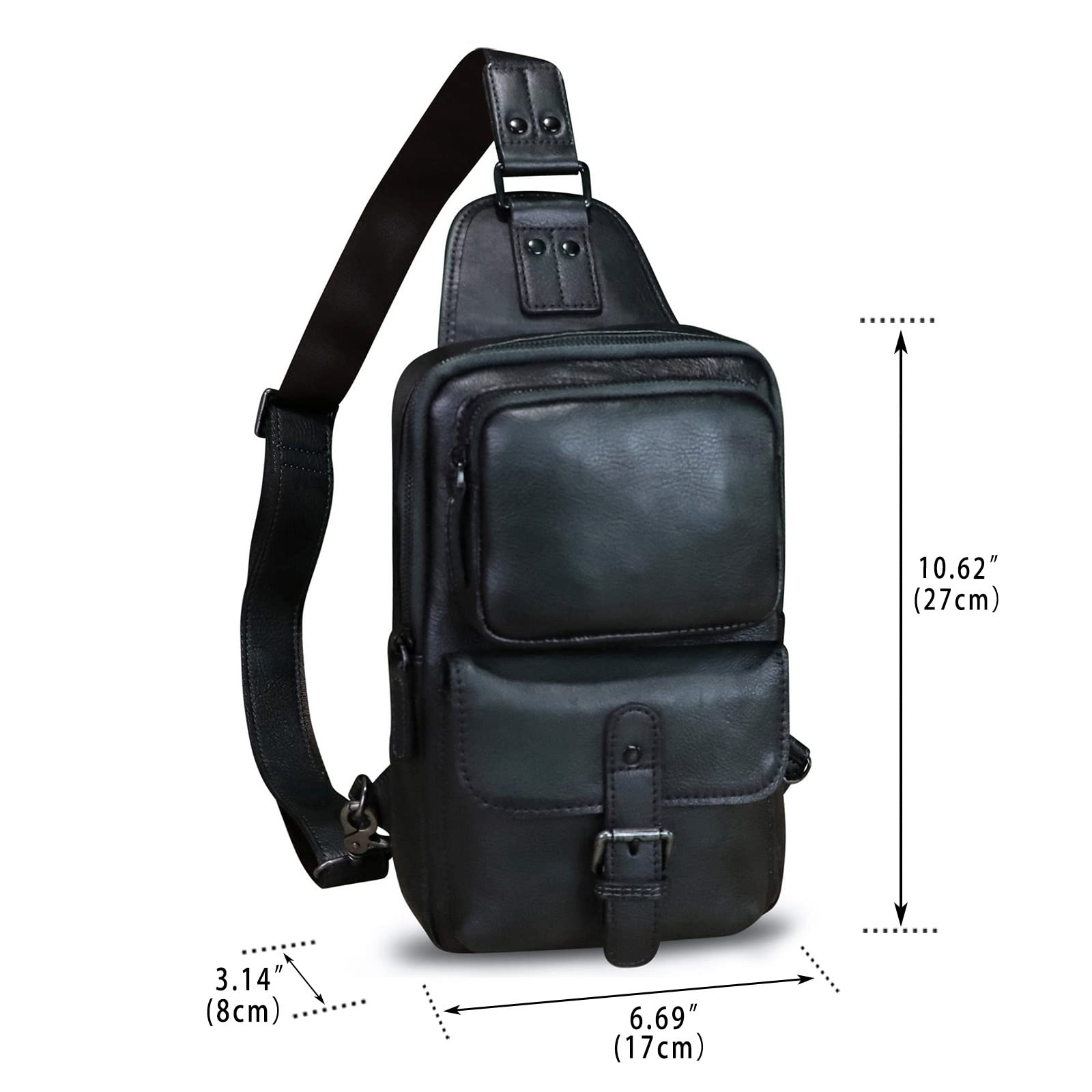 LRTO Genuine Leather Sling Bag Crossbody Motorcycle Bag Handmade Hiking Chest Daypack Retro Shoulder Backpack (Darkgrey)