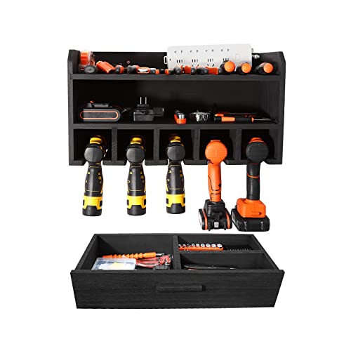 Shikha Power Tool Organizer Wall Mount,No Assemble Garage Storage Wooden Shelf with Cord Slots,Cordless Drill Holder Rack with Drawer for Garage Workshop