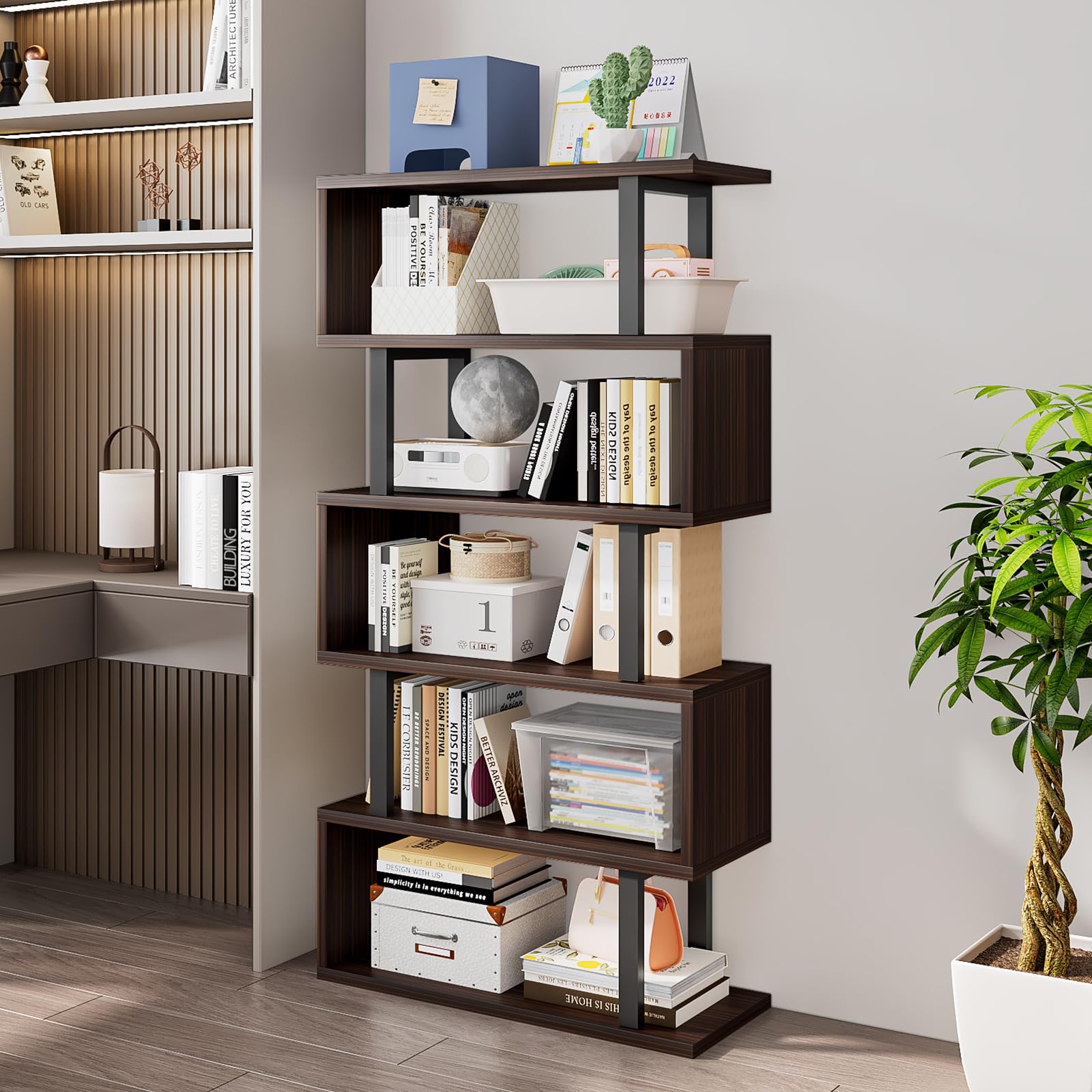 SORCEDAS Bookshelf Geometric Bookcase S Shaped Industrial Bookshelf Storage Display Stand Shelf for Living Room Bedroom and Office Room (Black, 5 Tier)
