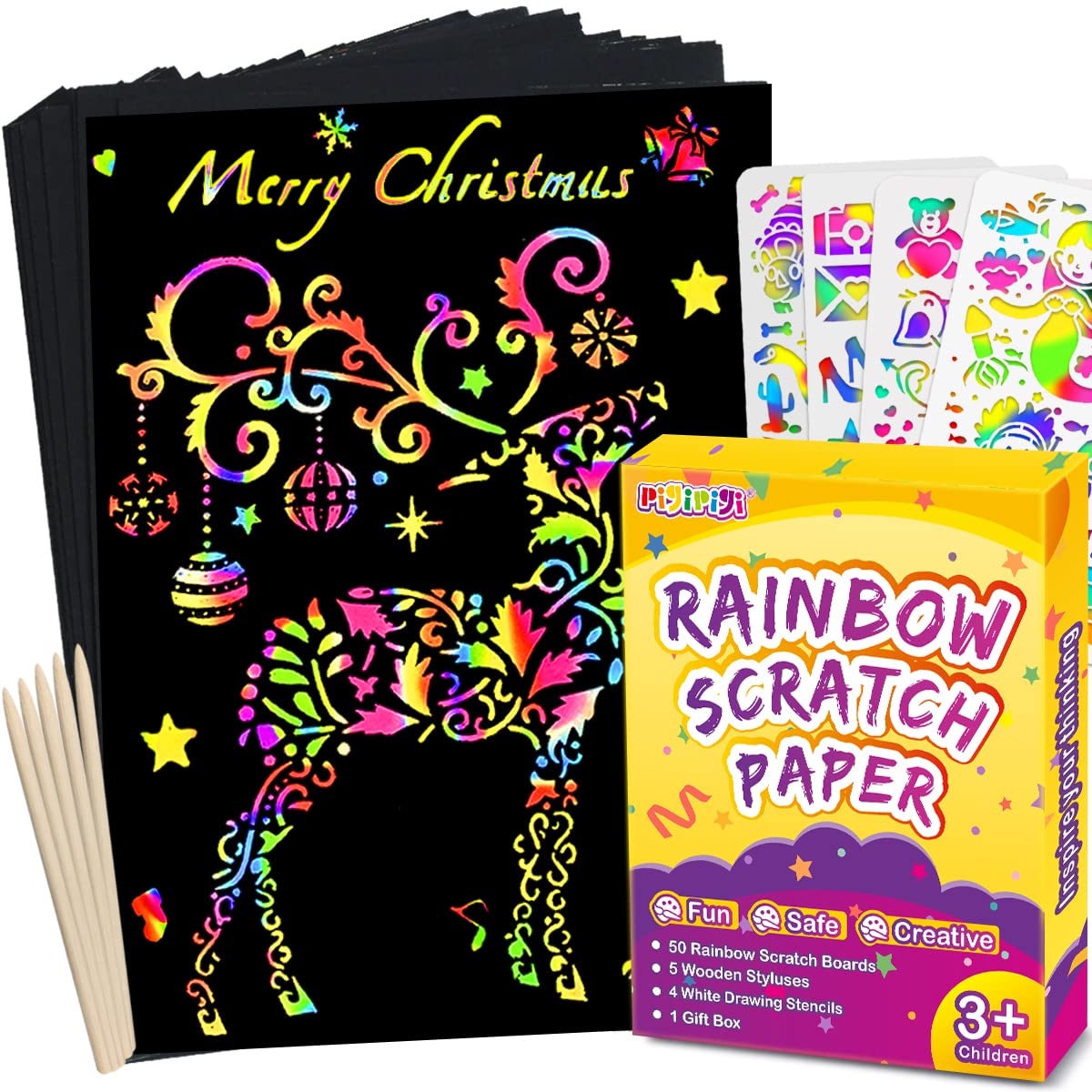 pigipigi 59 Pcs Rainbow Magic Scratch Off Art Crafts & 3 Pack Upgraded Rainbow Scratch Paper Notebook Black Magic Color Drawing Supplies Toy Set for 3-12 Year Old Boys Girls