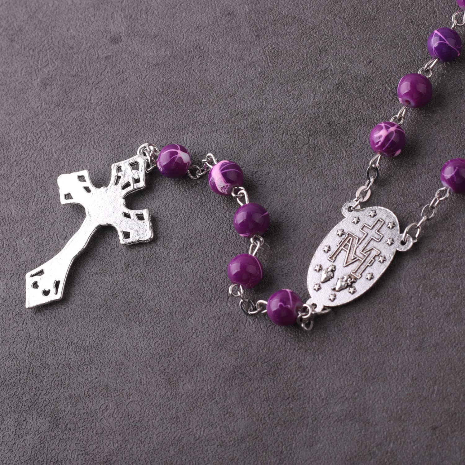 Luomu 8mm Glass Beads with Beautiful Pattern Printed Catholic Chain Rosary Necklace with Virgin Mary Miraculous Medal and Crucifix (Green)