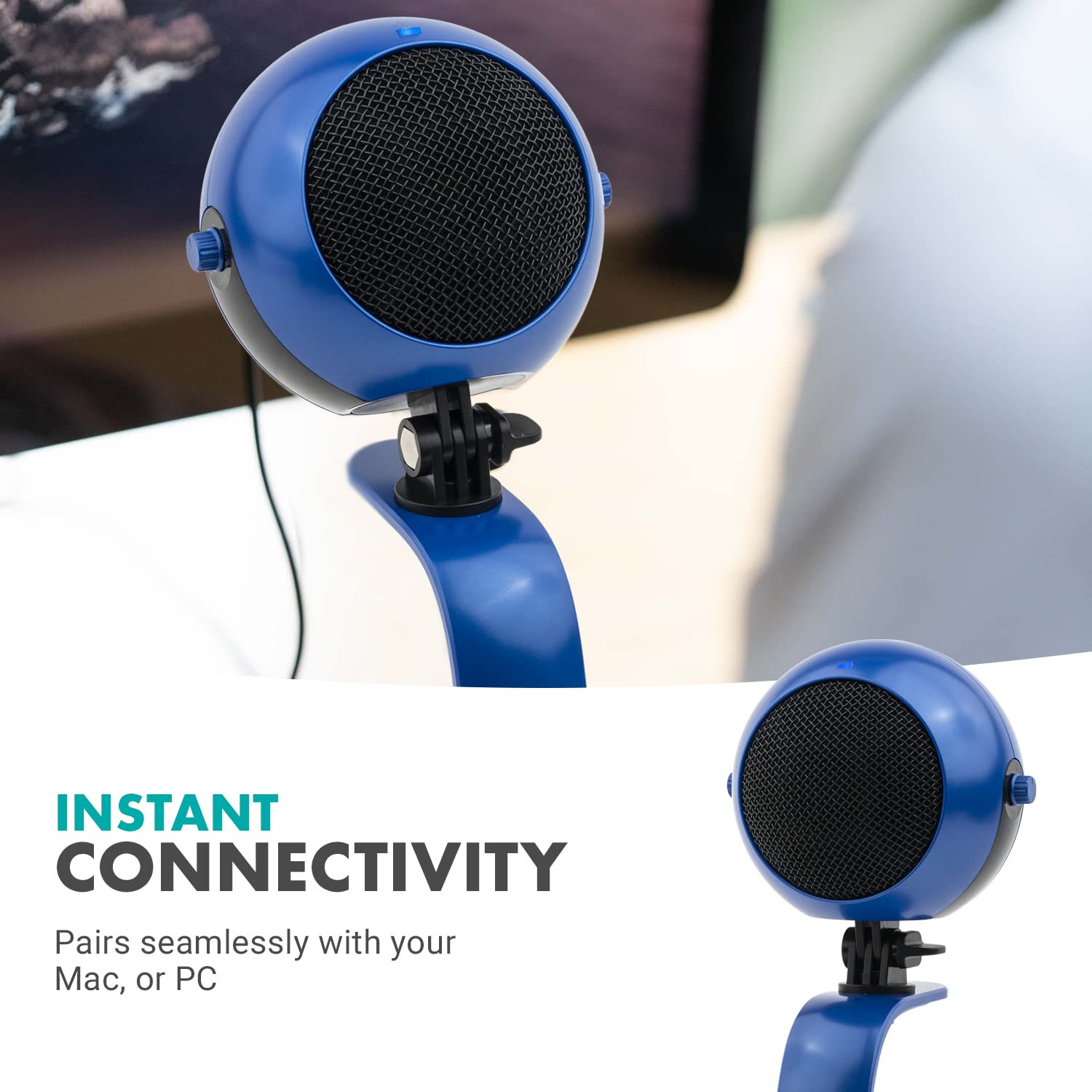 Movo WebMic USB Microphone with Desktop Stand, Royal Blue, Cardioid Condenser, for PC and Mac, with Mic Gain and Headphone Monitoring