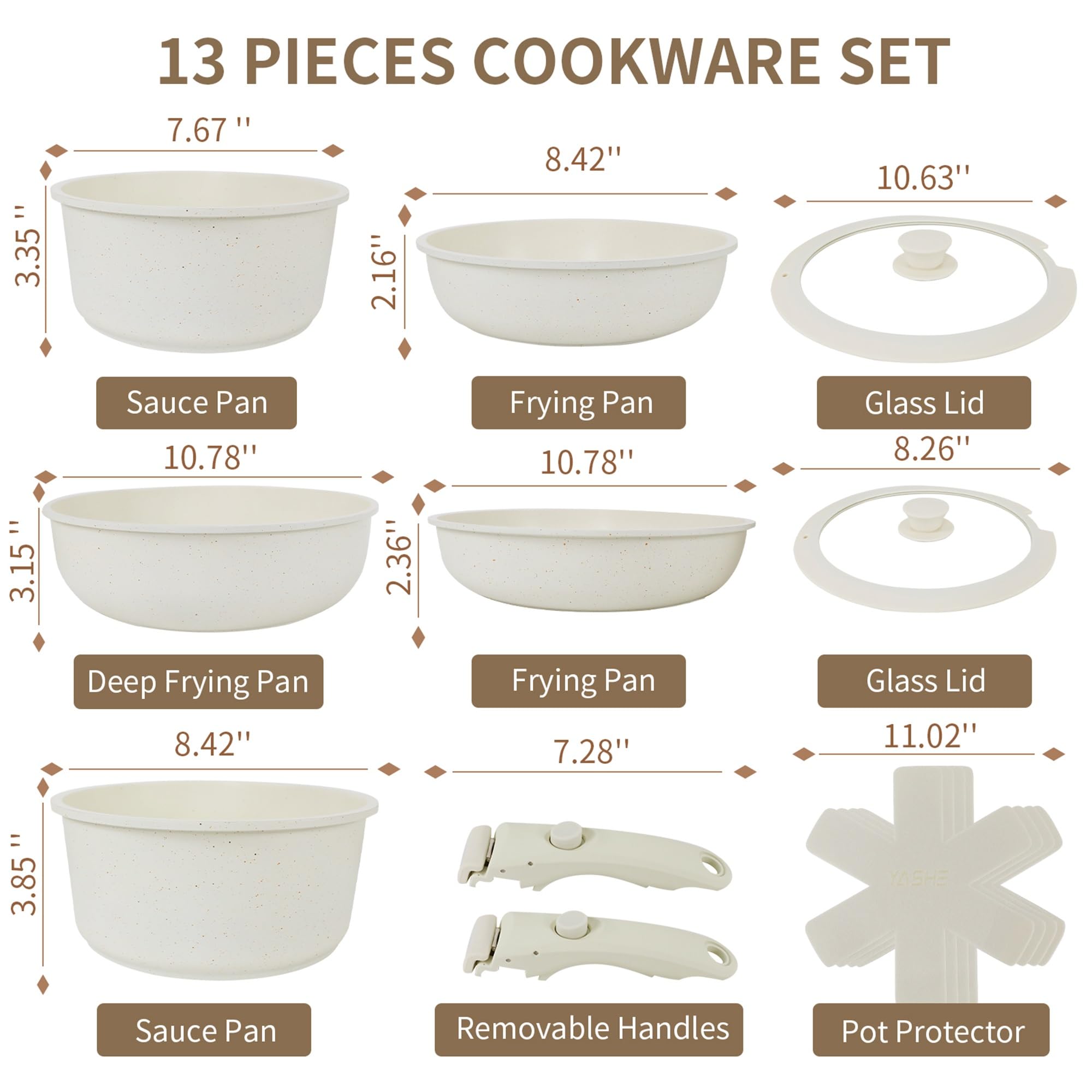 YASHE 13-Pieces Pots and Pans Set Non Stick, Ceramic Kitchen Cookware Set, Detachable Dandle Pots and Pans with Pan Protectors, PFOS and PFOA Free