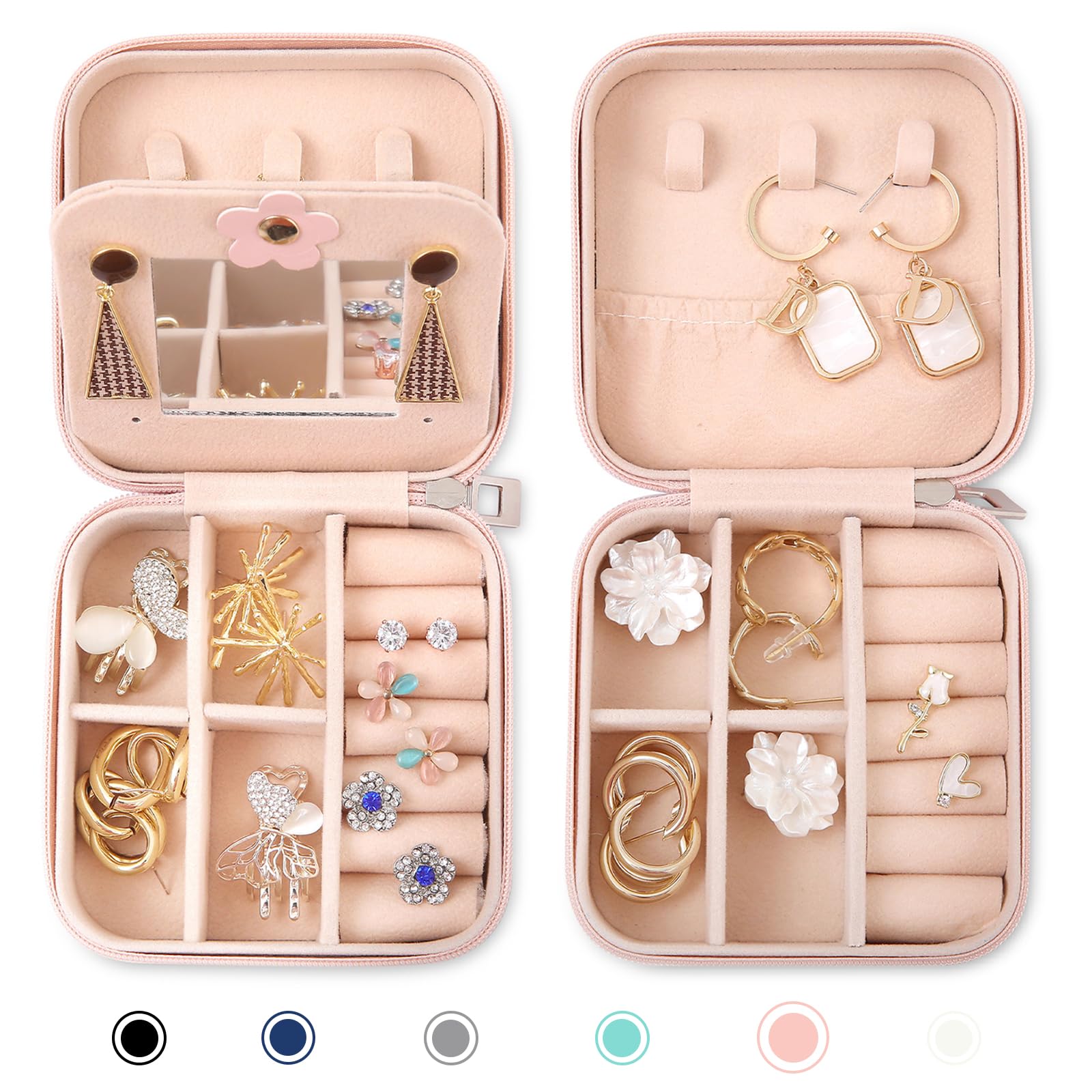 misaya Travel Jewelry Organizer Box 2 Pcs, Small Travel Jewelry Storage Case with Mirror, Mini PU Leather Jewelry Holder Boxes for Earrings, Rings, Necklaces, Gift for Women, Girls, Mother, Pink
