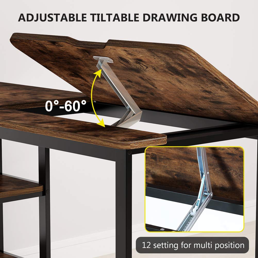 LITTLE TREE Drafting Table, Multi-Function Drawing Table with Adjustable Tiltable Stand Table Board, Can Also be Computer Desk, Writing Desk or Workstation for Office and Home Use. (Rustic Brown)