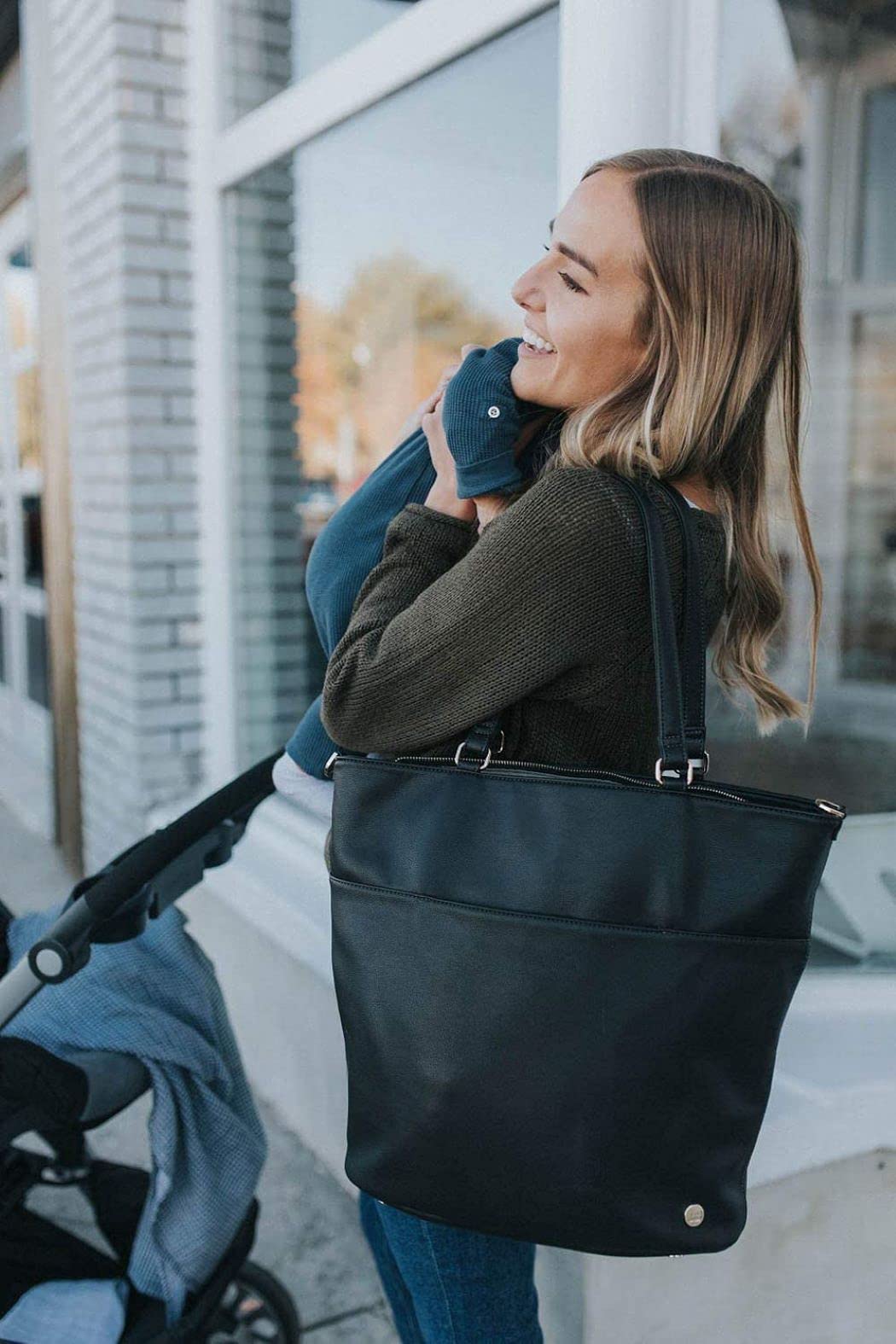 Little Unicorn Citywalk Tote – Diaper, Work, Travel Bag with Changing Pad - Premium Vegan Leather – 6 Interior Pockets – Wipes Clean Inside & Out (Black)