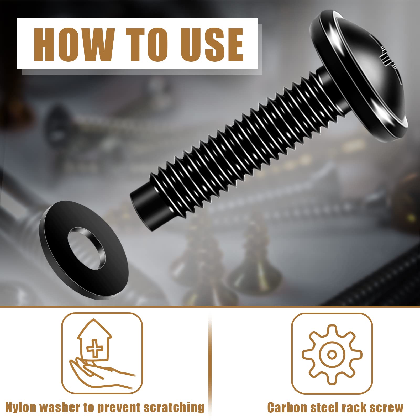 Ripeng 100 Pieces Rack Screws Mount Stainless Steel Black Server Rail Studio with Nylon Washers for Audio Mounts Hardware Rails (Size 10-32)