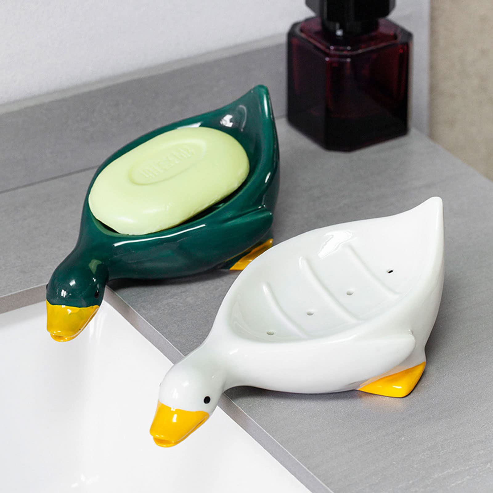Longzhuo Cute Duck Soap Dish, 2Pcs Ceramic Soap Dish with Draining, Ceramic Soap Tray, Portable Soap Holder, Cute Duck Soap Shelf for Bathroom, Bathtub, Kitchen Sink Soap Box (White + Green)