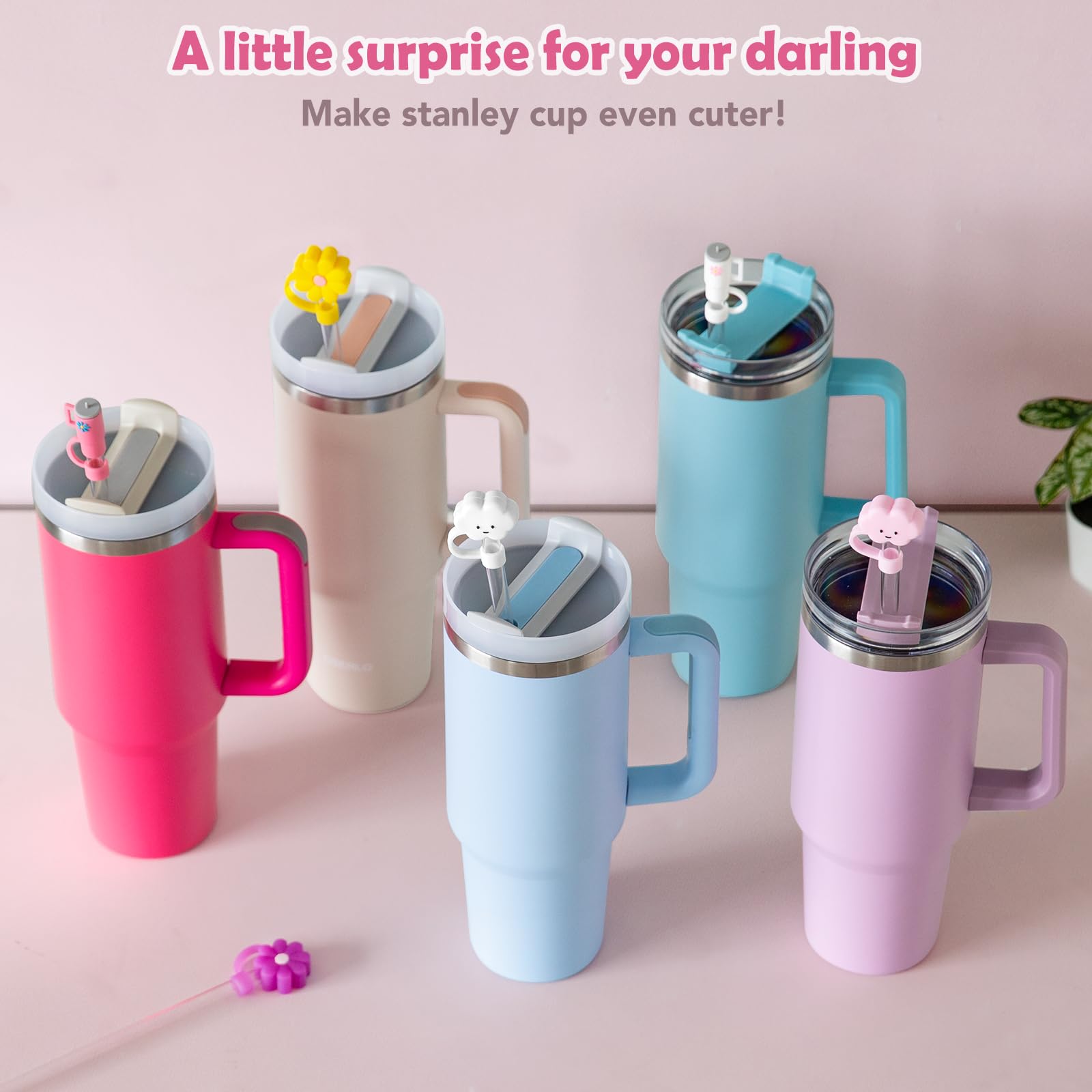Stanley Straw Cover, 6PCS Silicone Straw Cover Cap for Stanley 40&30 Oz Cup, 10mm 0.4in Leak-Proof Straw Toppers, Cute Stanley Cup Accessories, Straw Cap Stopper for Reusable Straws Tip Lids(Pink)