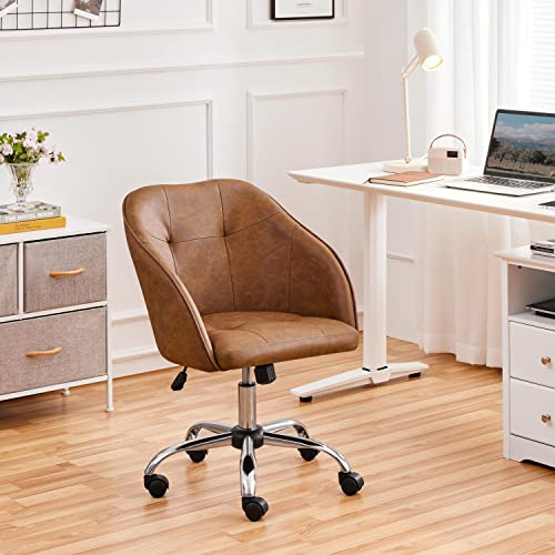 Yaheetech Faux Leather Desk Chair, Makeup Vanity Chair with Adjustable Tilt Angle, Swivel Office Chair Upholstered Armchair Study Chair for Bedroom and Makeup Room Retro Brown