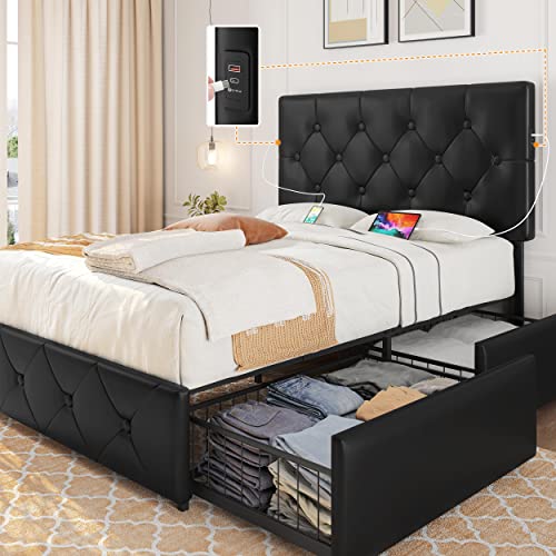 Yaheetech Full Size Upholstered Bed Frame with 2 USB Charging Stations/Ports for Type A & Type C/4 Storage Drawers/Adjustable Headboard, Faux Leather Platform Bed with Strong Wooden Slats, Black