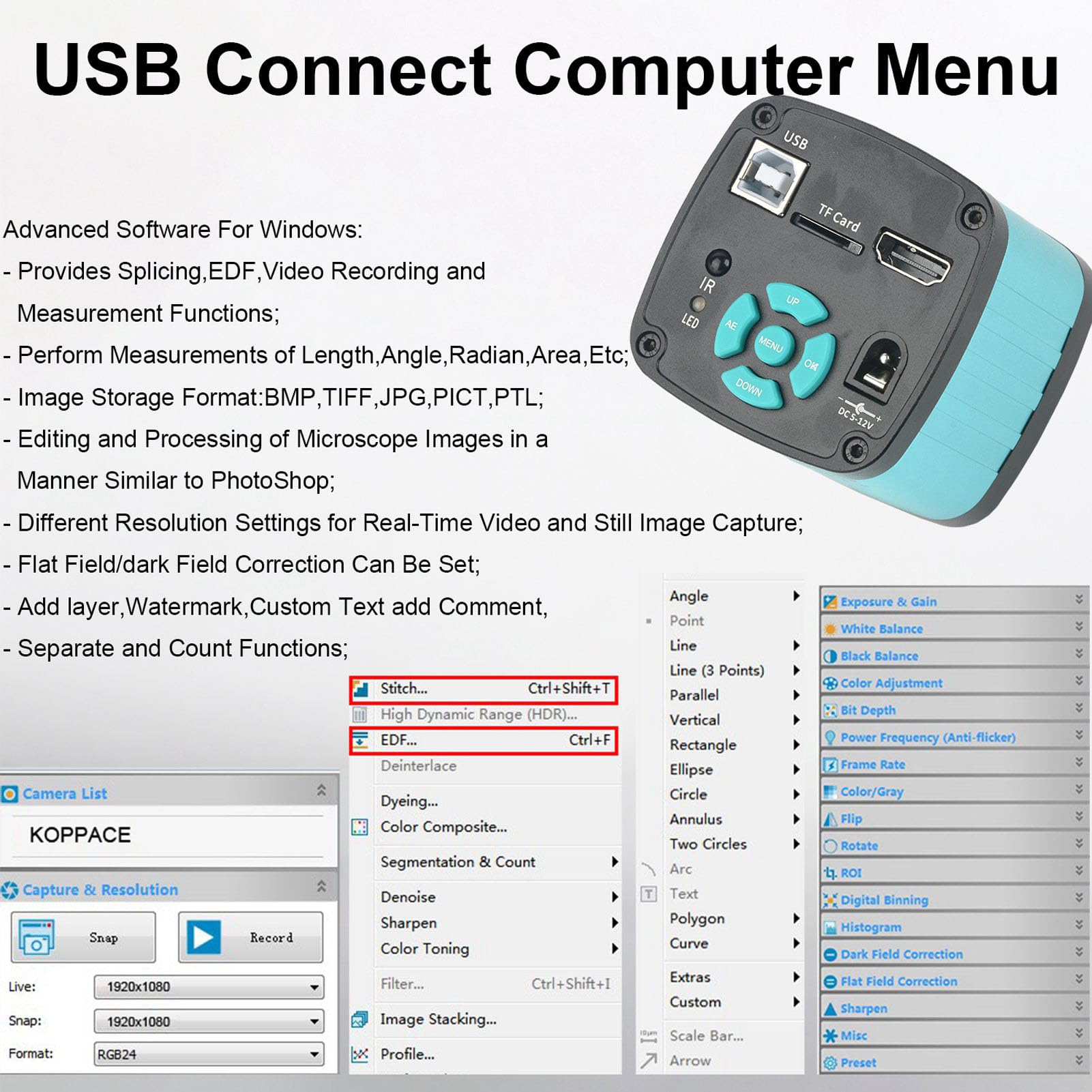 Microscope Camera, 100β240VAC Industry Camera 400-700nm USB 2.0 2MP High Definition Multimedia Interface for Industrial Use (US Plug)