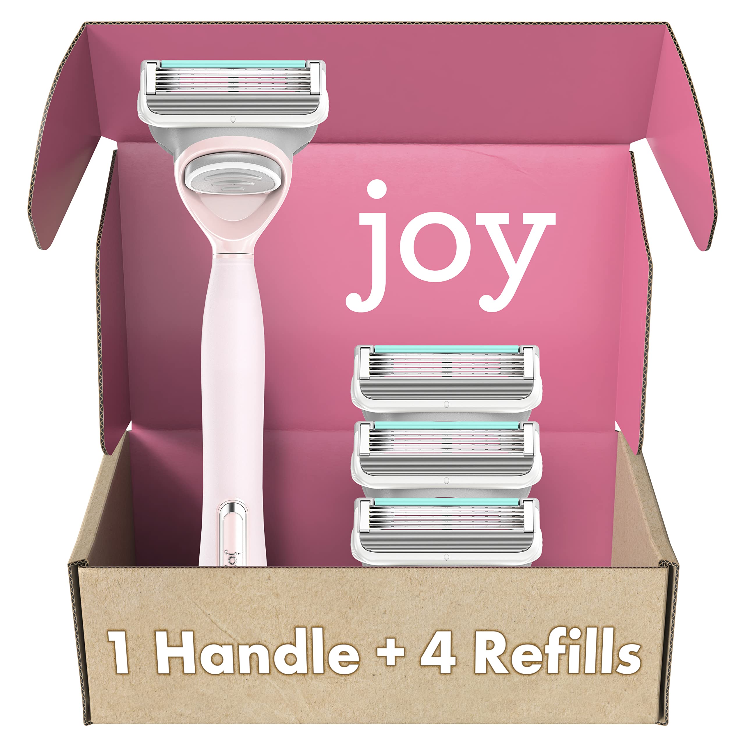 joy Razors for Women, 1 Handle, 4 Razor Blade Refills, Pink, Lubrastrip to Help Avoid Skin Irritation