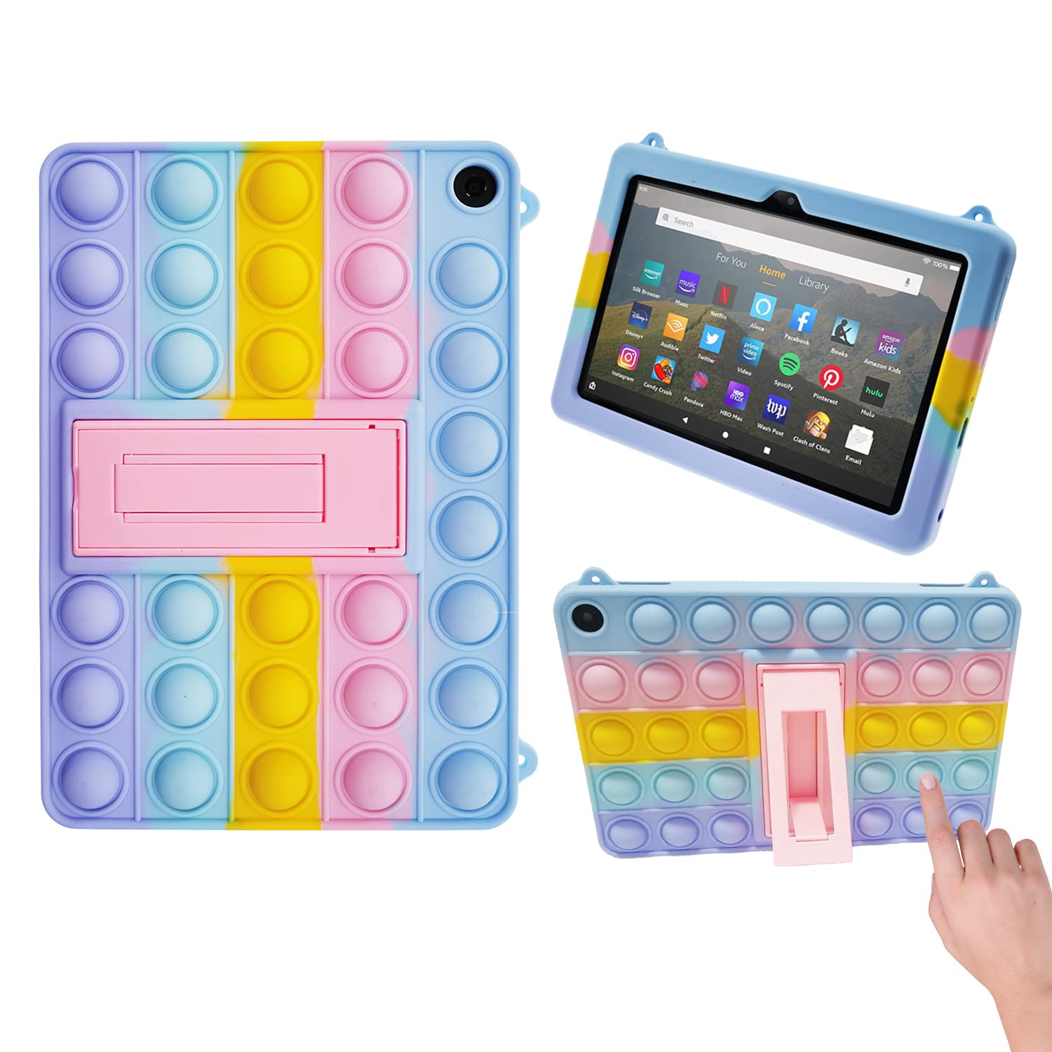 LUSTAM Dimple Pop it Case for Kindle Fire Tablet 8 and 8 Plus, Fidget Poppers Pop its Poppet Shockproof Foldable Kickstand Shoulder Strap Kids Friendly Cover for Amazon Fire HD 8 and HD 8 Plus 2020