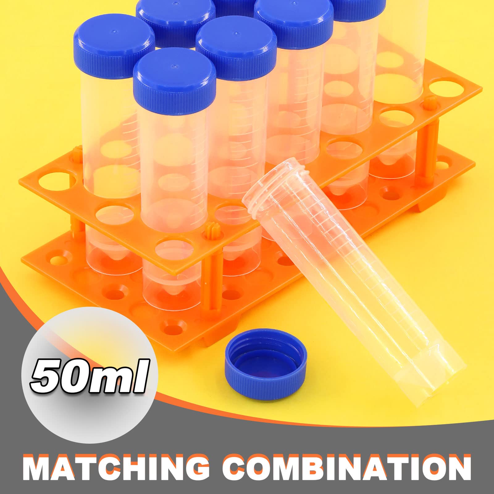 Tanstic 27Pcs 50ml Flat Bottom Centrifuge Tubes with 2pcs Test Tube Rack, Plastic Test Tubes with Screw Cap Plastic Vial Container Graduated with Marks for Laboratory Lab Scientific Experiments
