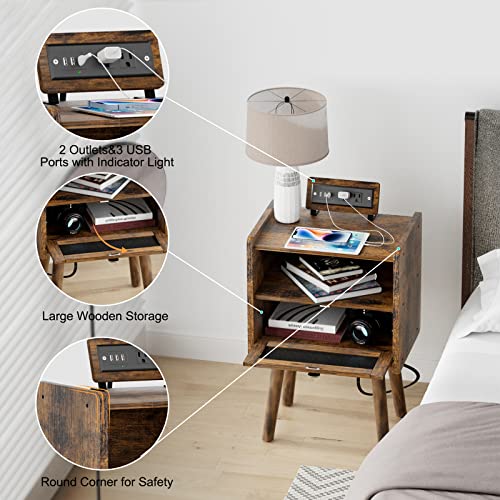 YAKANJ Small Nightstand with Charging Station,Mid Century Modern Nightstand with Rattan Decor,Night Stand End Table Side Table with 2 Tiers Storage Shelf for Small Spaces,Bedroom,Living Room-Brown