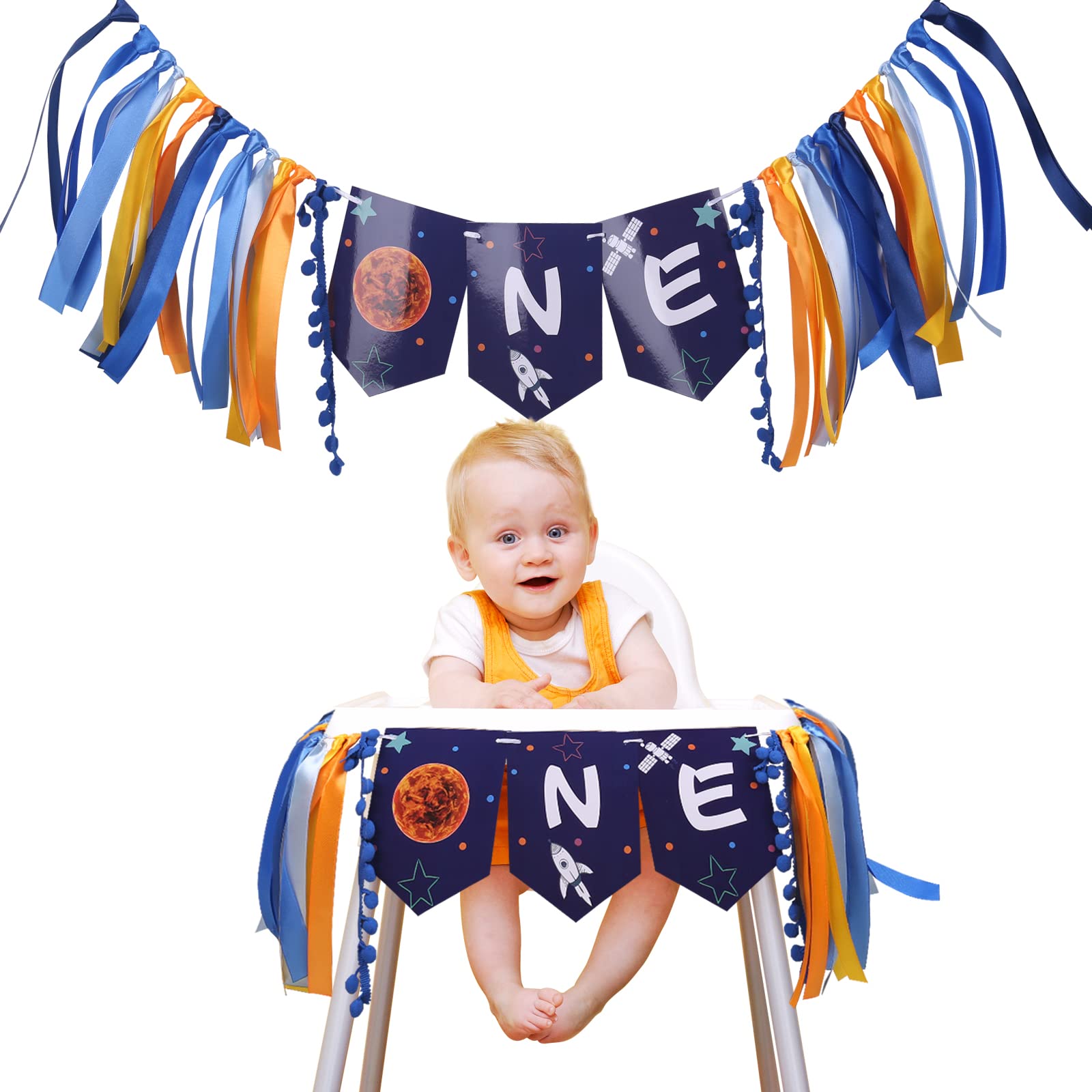 Outer Space Planets Highchair Banner 1st Birthday Boy, Space Rocket First Birthday ONE High Chair Banner Decorations, First Trip Around the Sun Party Decor Party Photo Props