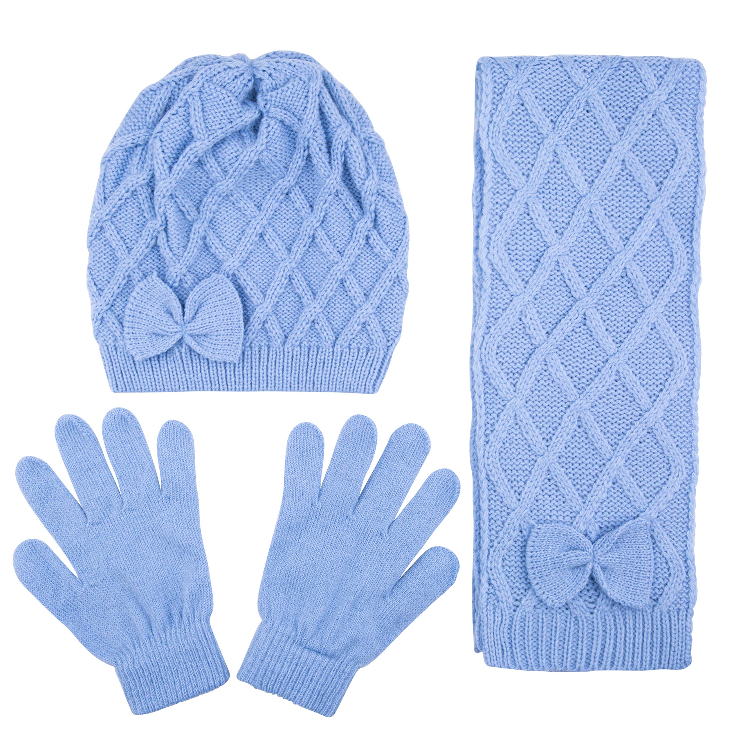 Kids Criss Cross Knit Winter Hat with Bow, Scarf and Glove Set Lavender for Girls