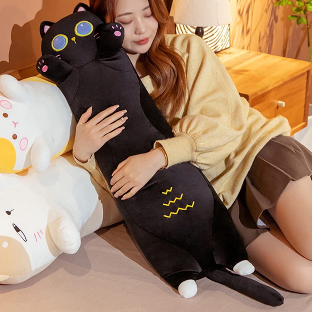 Okedico Cat Plush Long Pillow Black Cat Stuffed Animal Soft Long Sleeping Hugging Throw Pillow Cat Plush Toy Body Pillow Long Kitten Plushie Doll Home Sofa Cushion Decor (Black, 110cm/43inch)