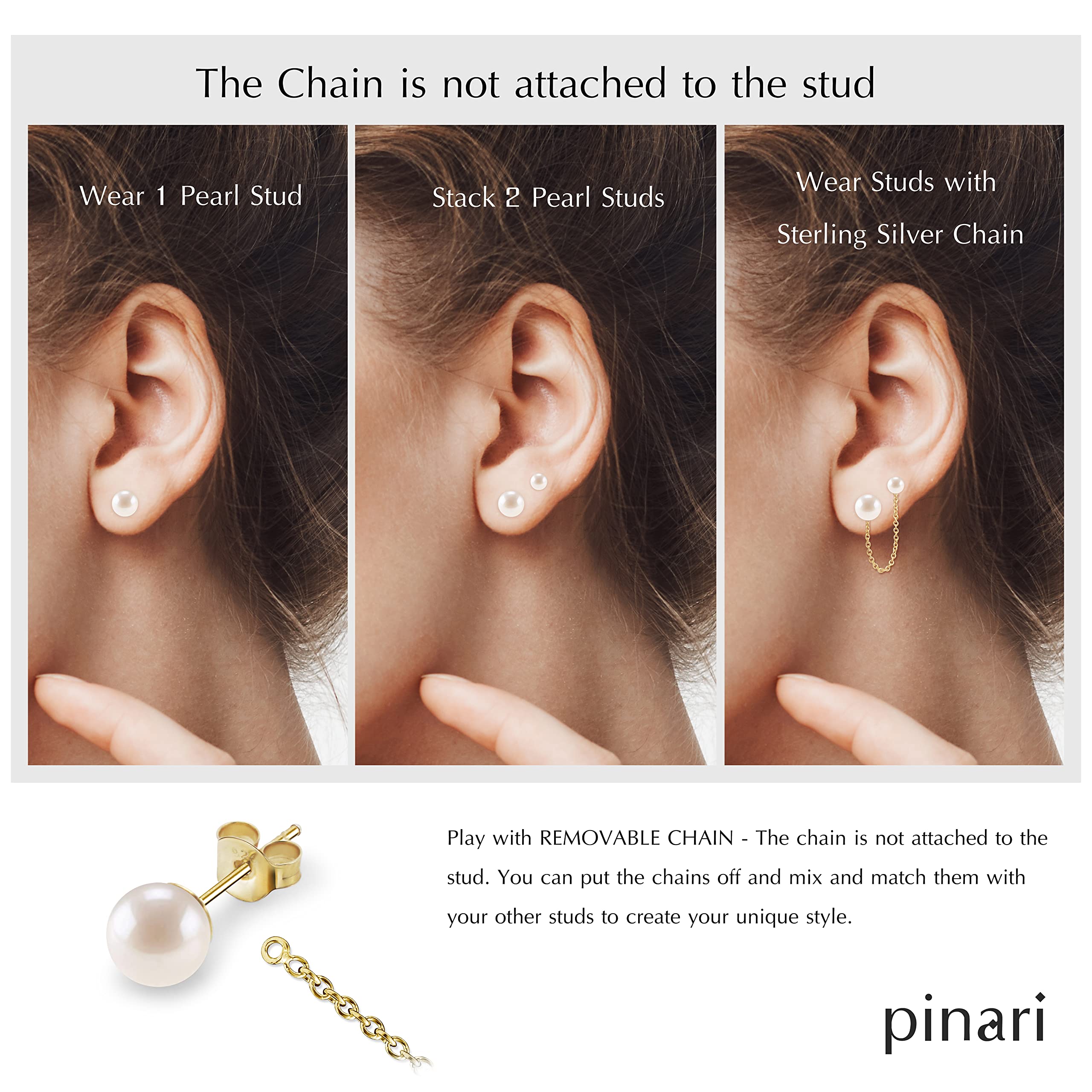 Pinari Double Piercing Pearl Earrings Set β Gold Plated Detachable Chain - 2 Pairs of Shell Pearl Studs β Sterling Silver Double Earrings for Two Holes