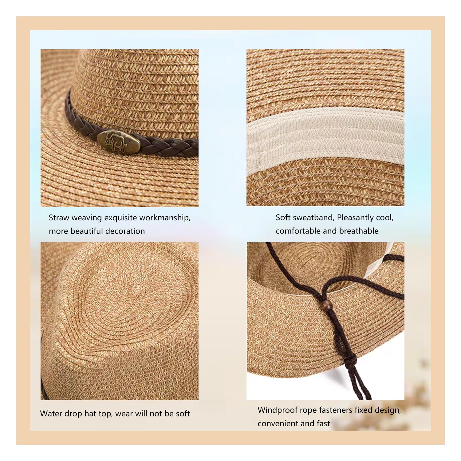 Straw Cowboy Hats Straw Cowgirl Hat Wide with Shapeable Wide Brim Foldable Vacation Beach Sun Hat for Women Men,Khaki