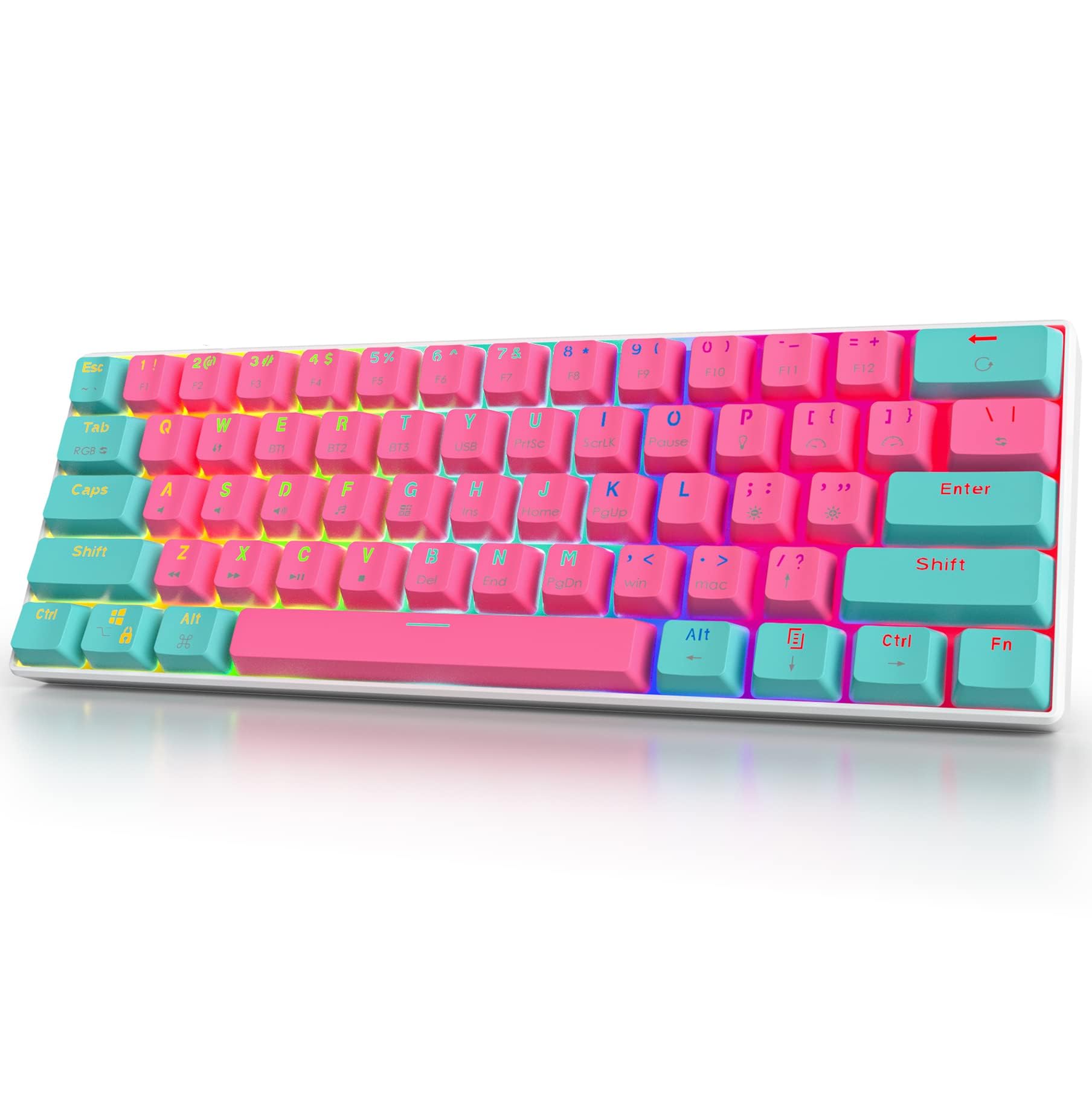 Owpkeenthy Pink 60% Wireless Gaming Keyboard Mechanical, RGB Bluetooth Compact Mini Keyboard with Backlit PBT Keycaps for MAC PC Gamer (Blue Switch/Miami)