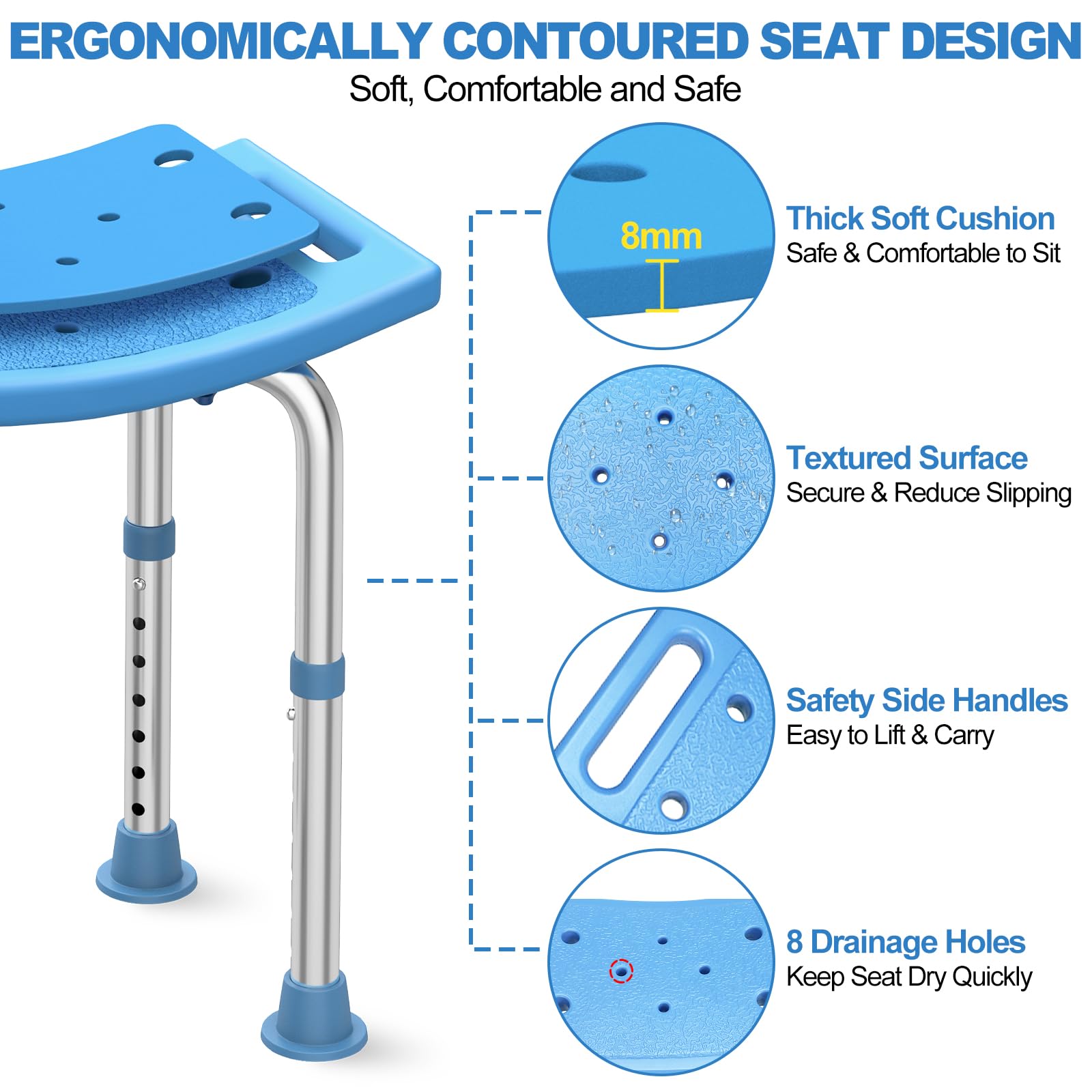 Medhelp Shower Chair for Inside Shower, FSA/HSA Eligible Stainless Steel Heavy Duty 380lbs Adjustable Padded Shower Bench with Anti Slip Rubber, No Tool Assembly Shower Stool for Elderly Disabled