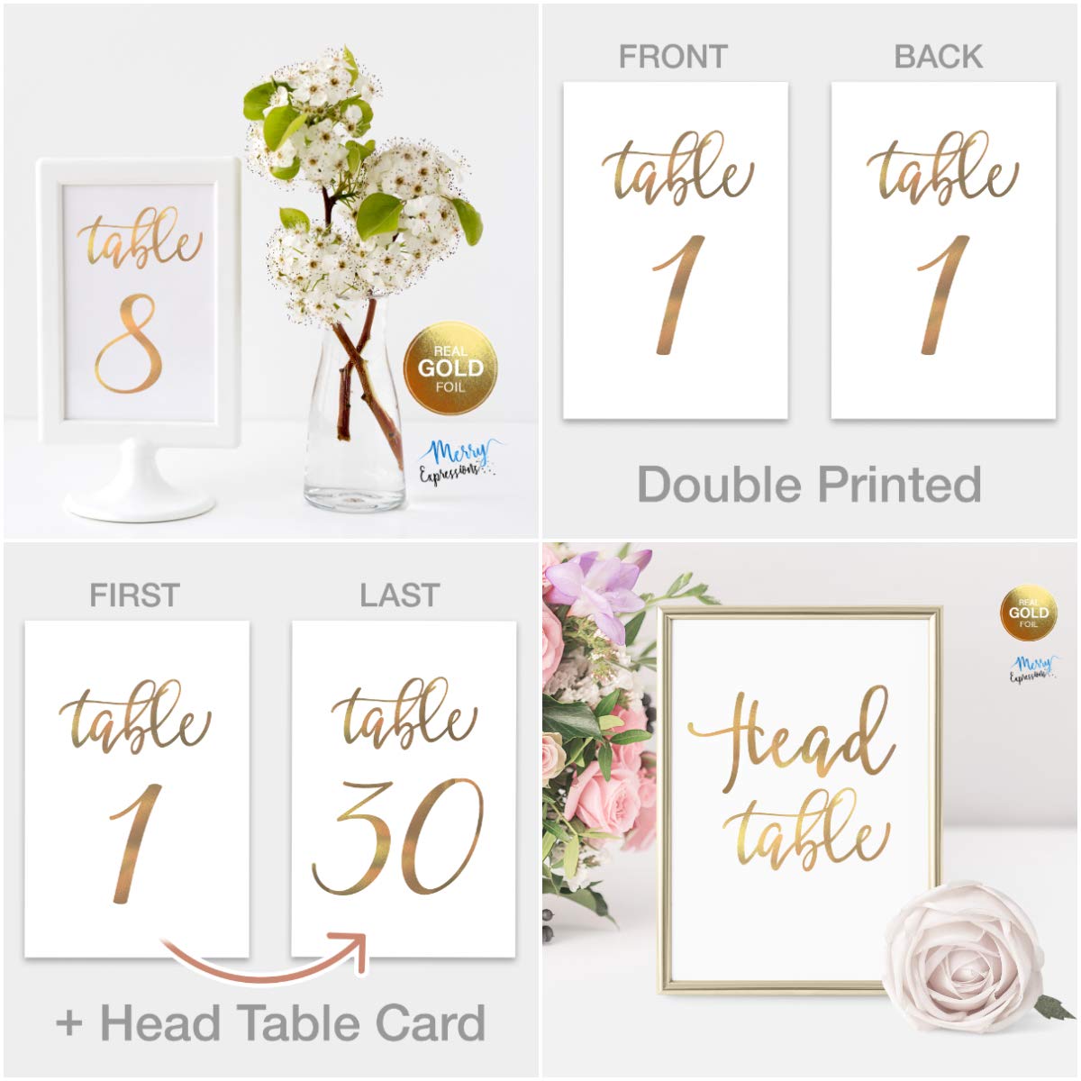 Merry Expressions Gold Wedding Table Numbers 1-30, Wedding Decorations for Reception - 4x6 inch Double Sided
