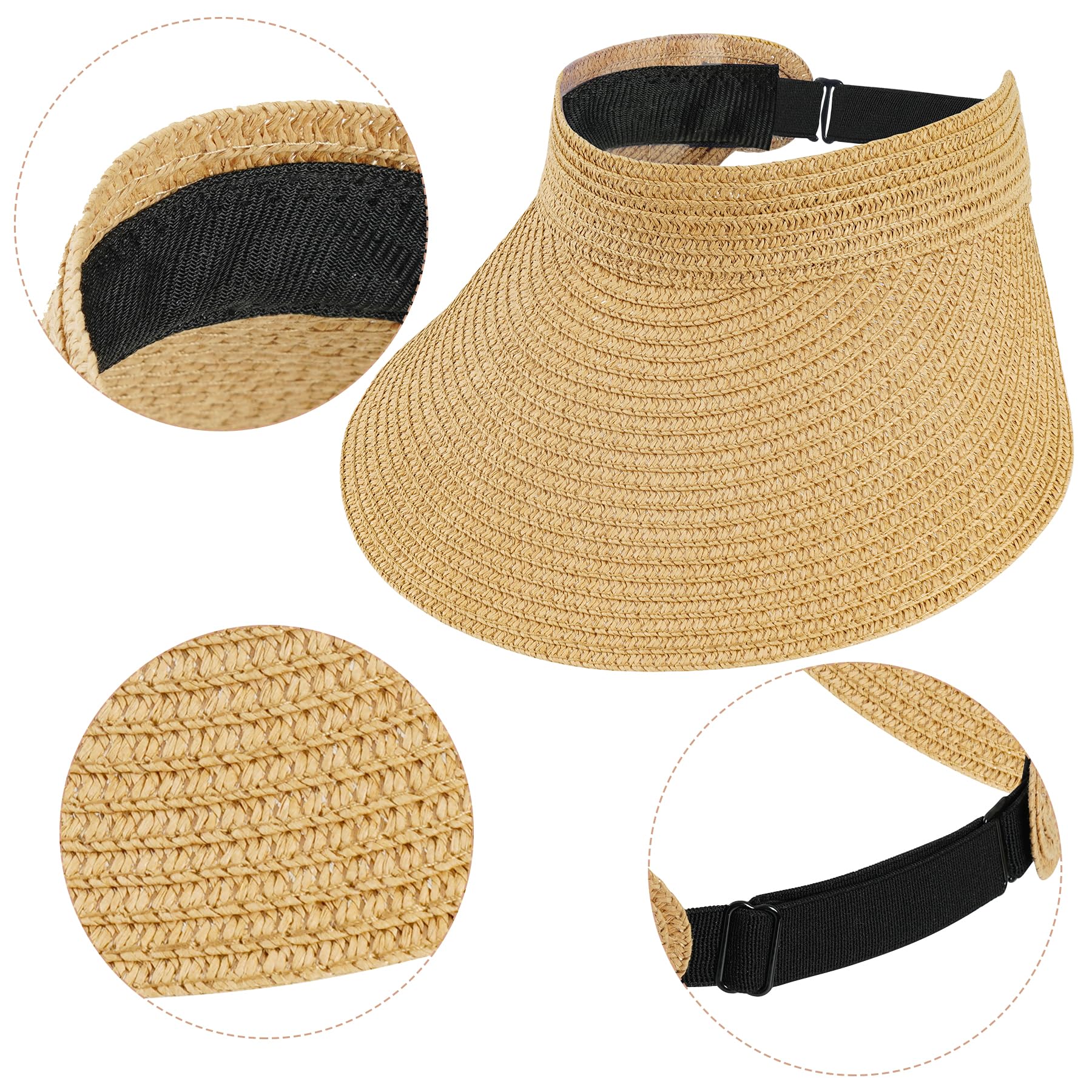Straw Sun Visors Womens, Ponytail Beach Straw Visor, Packable Summer Sun Hats for Women Travel Khaki