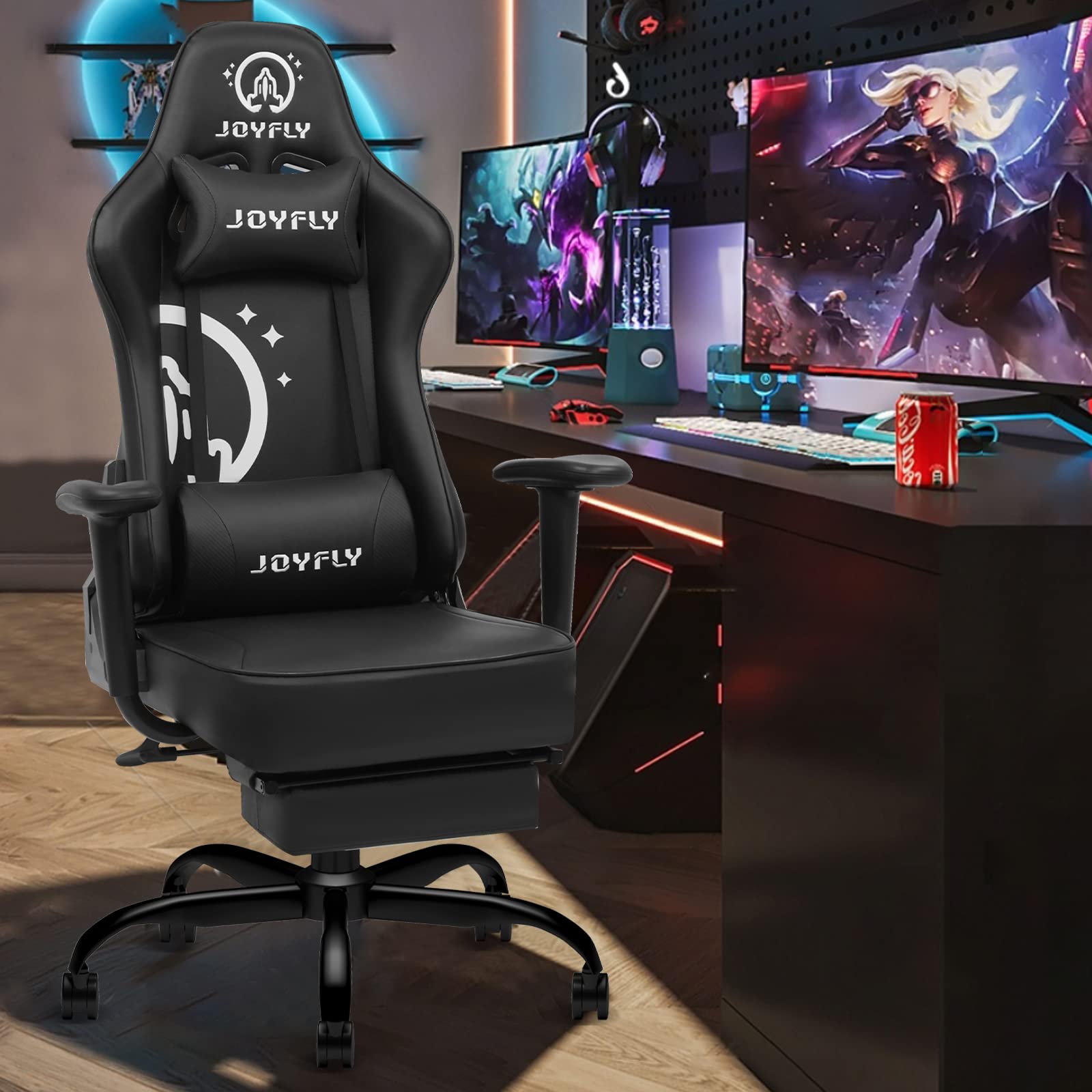 JOYFLY Computer Chair, High Back Gaming Chair for Adults Ergonomic Gamer Chair with Footrest, PC Office Chair with Lumbar Support Height Adjustable and 4D Armrests, 350lbs Capacity, Black