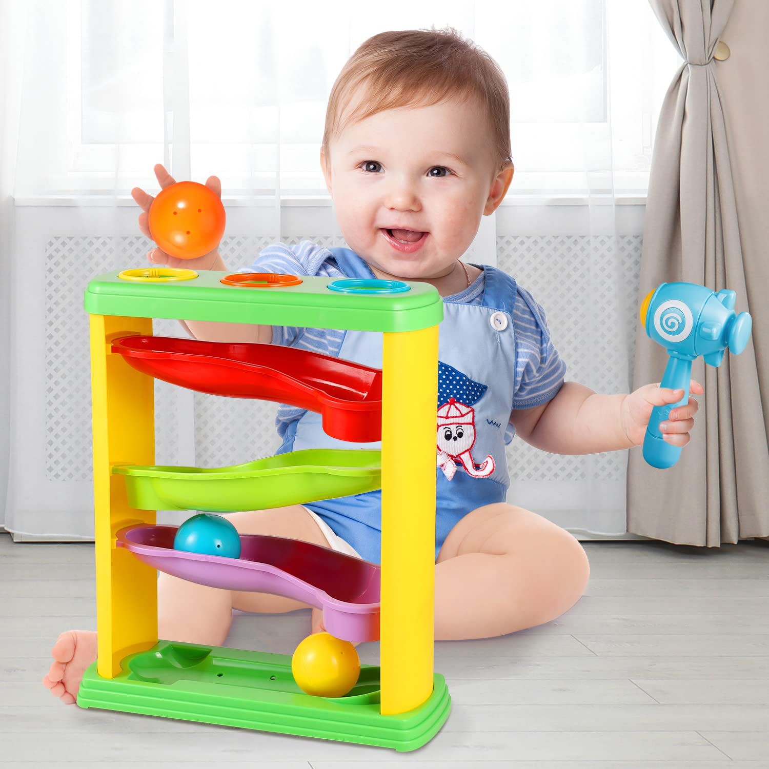 Pound a Ball with Blue Rocket Hammer + 8 Stacking Cups for 1 Year Old Boys and Girls|Durable Pound & Roll for Toddler Age 1 2 3|Montessori Educational Learning Set|Birthday Gift for 12-18 Months Baby