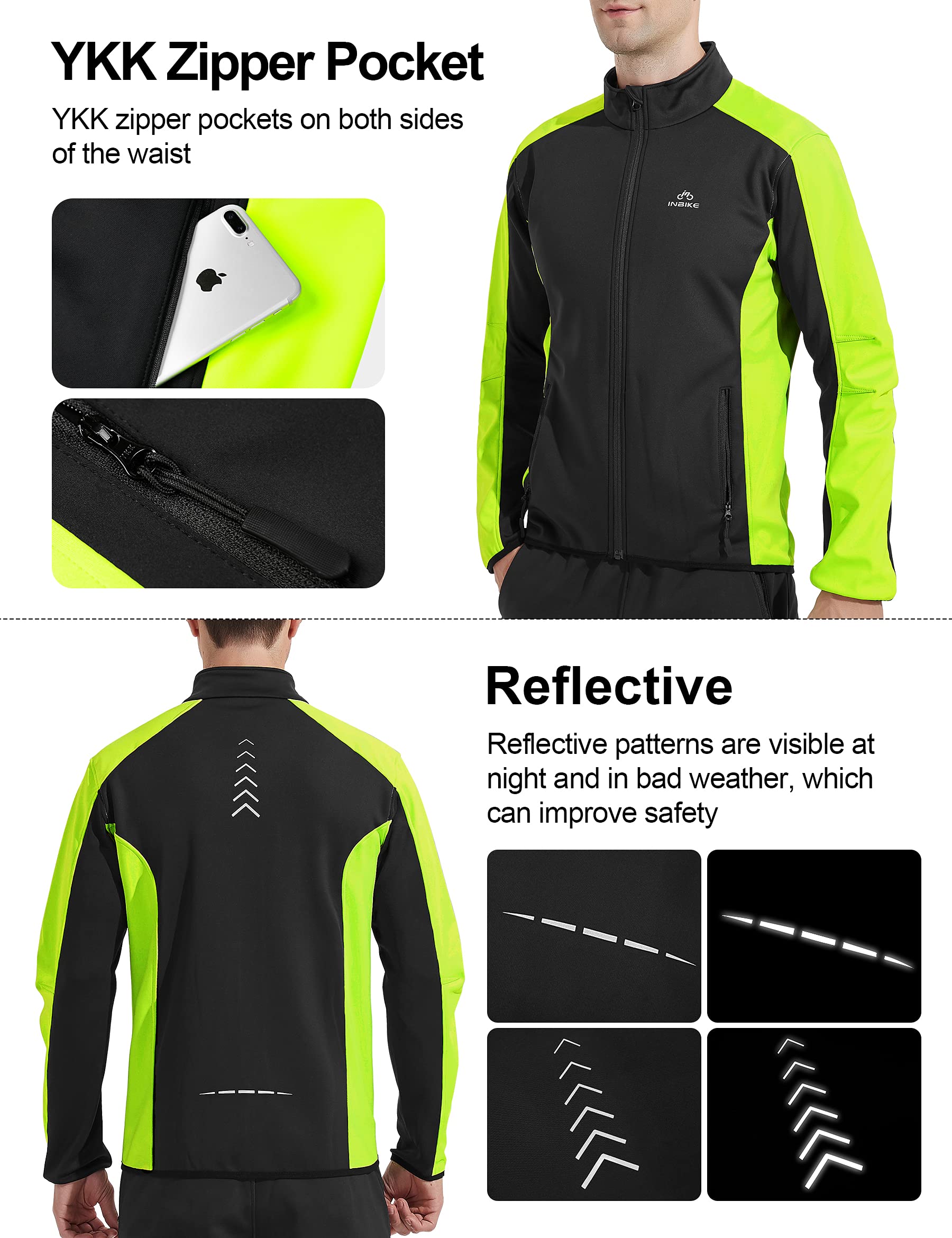 INBIKE Cycling Jacket for Men Running Biking Jackets Mens Windbreaker Reflective Windproof Fleece Lined Cold Weather Black Green Large