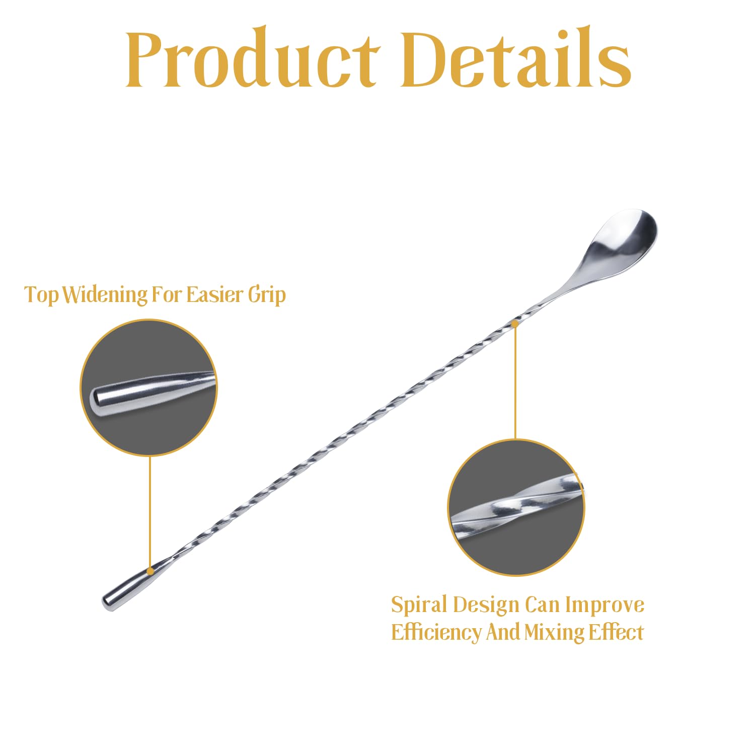 Ortarco 12 Inch Stainless Steel Bar Spoon for Cocktail Mixing with Spiral Handle Silver